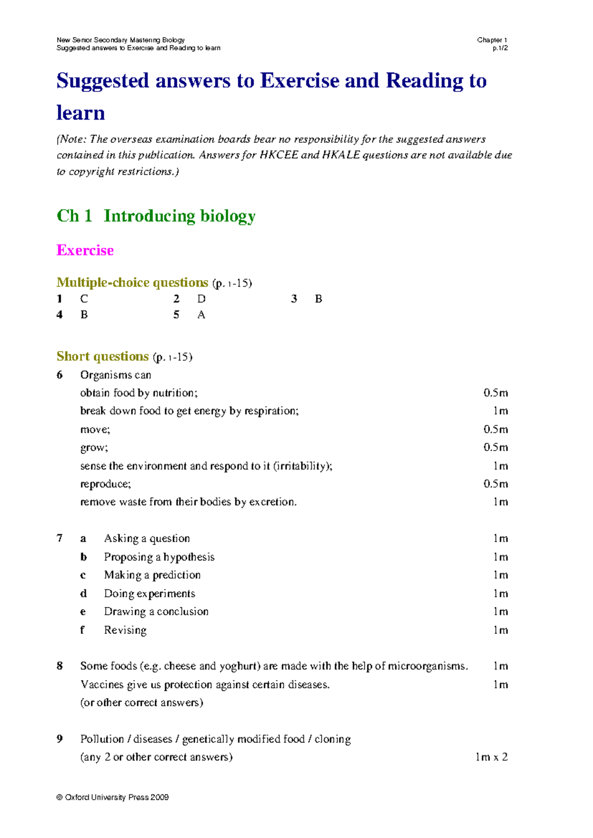 ans key of nss mastering biology 1a ch1 - New Senior Secondary ...