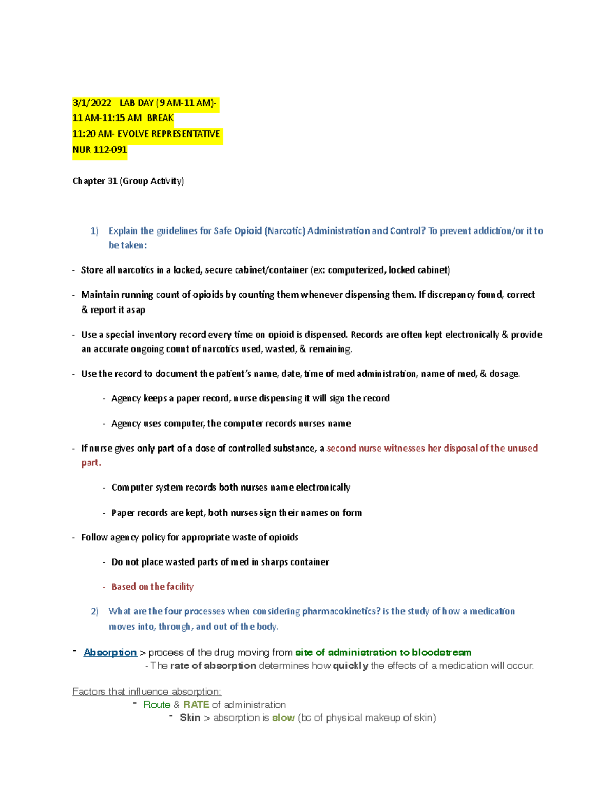 Chapter 31 Study Guide MEDICATION - 3/1/2022 LAB DAY (9 AM-11 AM)- 11 ...