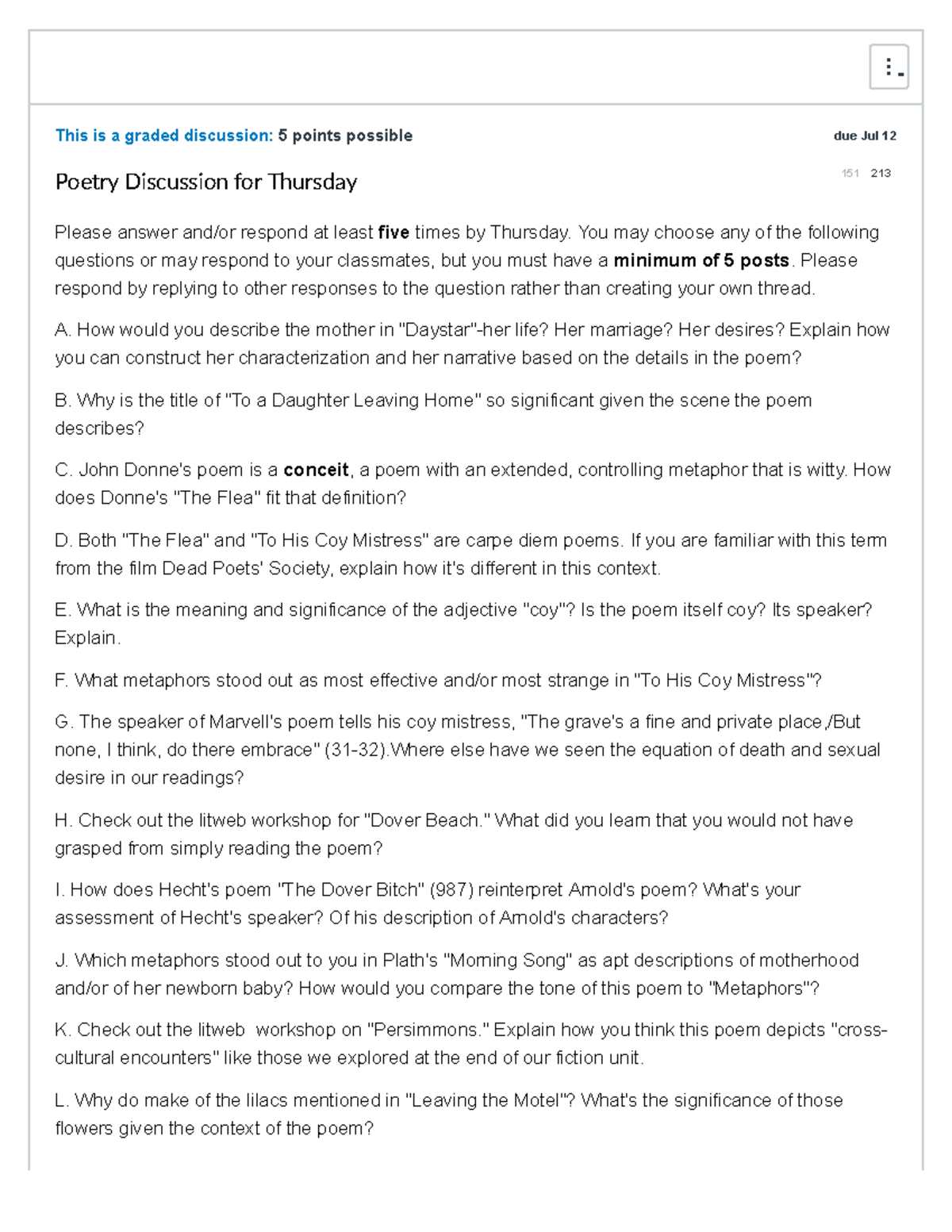 Poetry Discussion for Thursday - ! This is a graded discussion: 5 ...