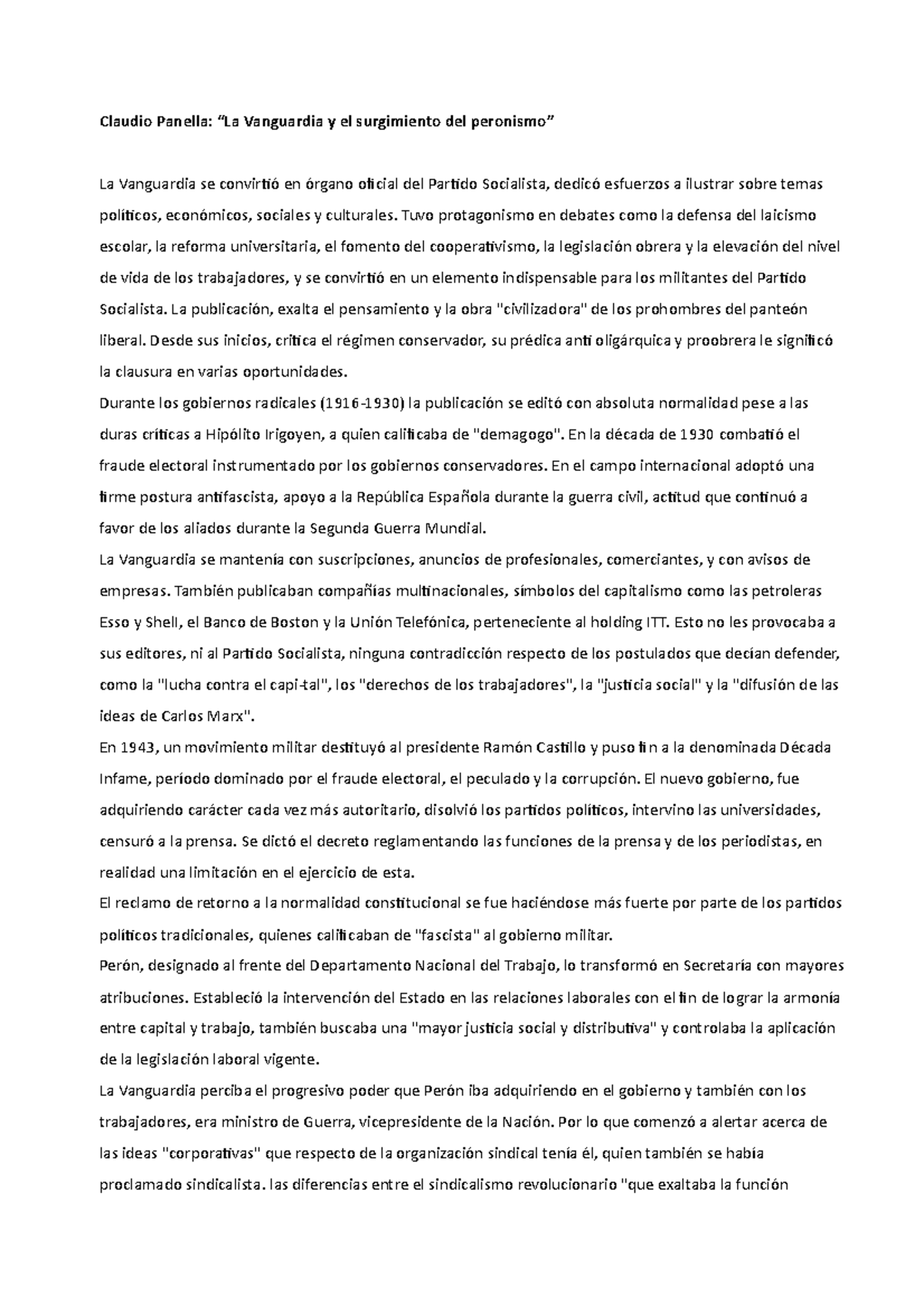 Claudio Panella La Vanguardia y el surgimiento del peronismo - Tuvo ...