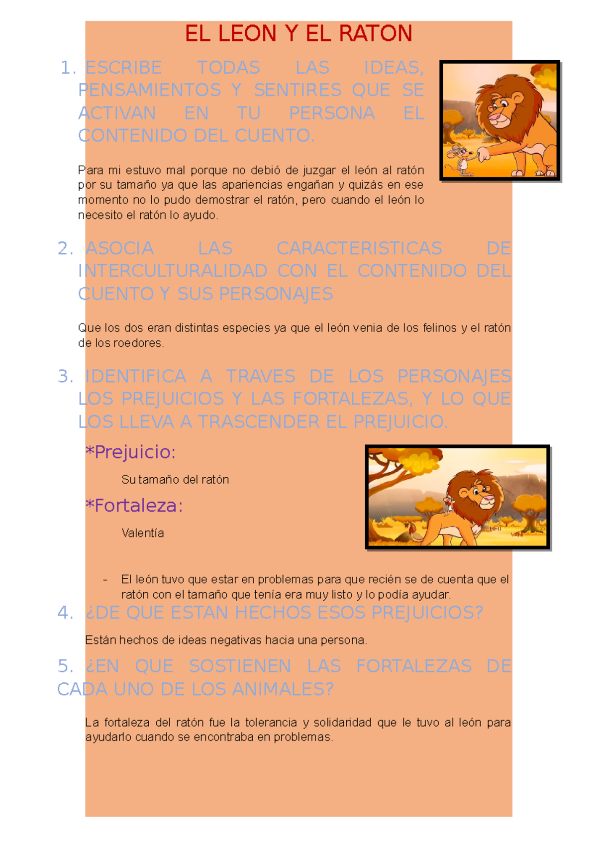 El leon y el raton lectura - EL LEON Y EL RATON 1. ESCRIBE TODAS LAS ...