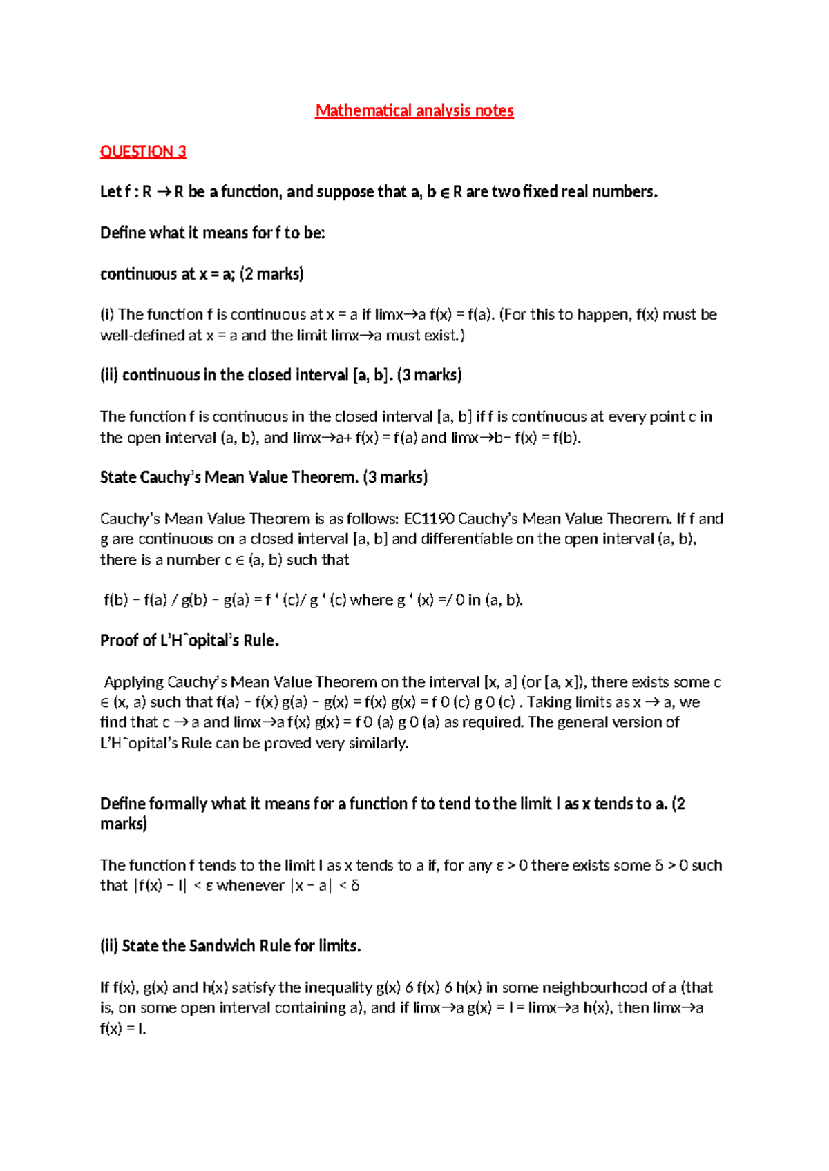 Math analysis notes for exam - Mathematical analysis notes QUESTION 3 ...