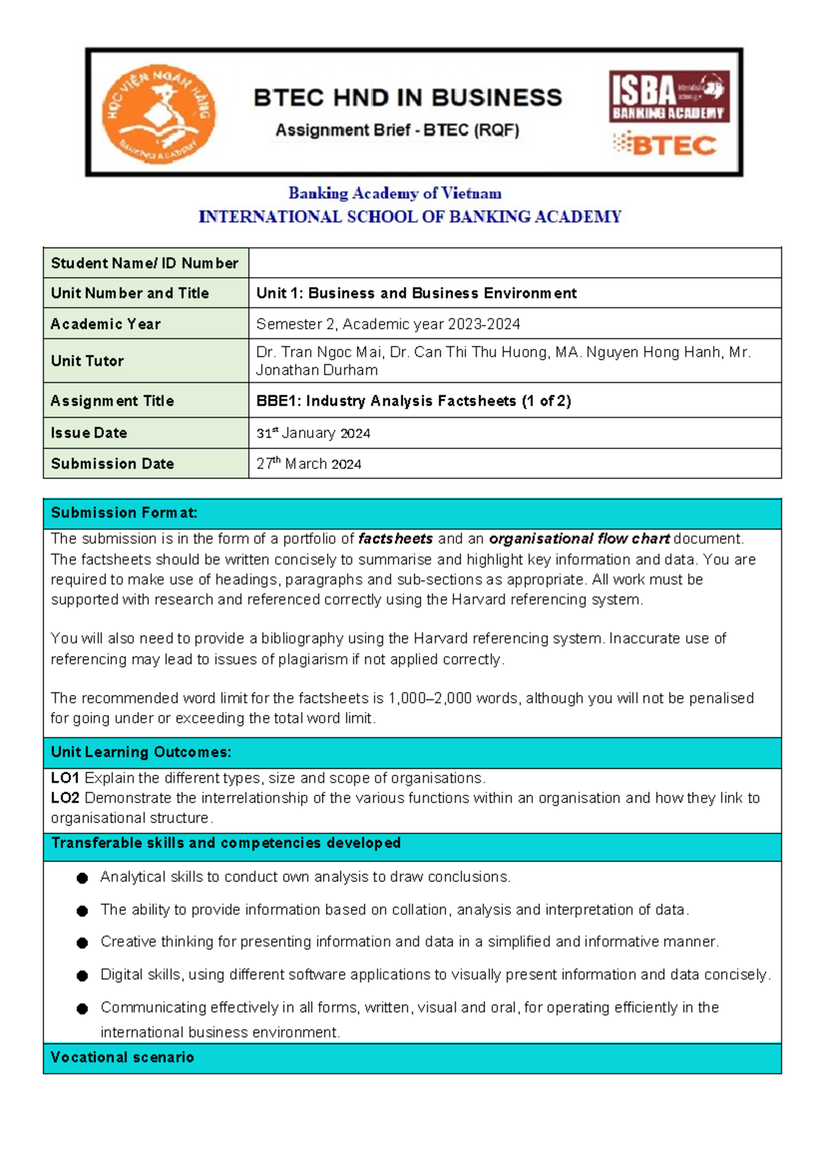 Unit 1. BBE Assignment 1 of 2 - Student Name/ ID Number Unit Number and Title Unit 1: Business ...