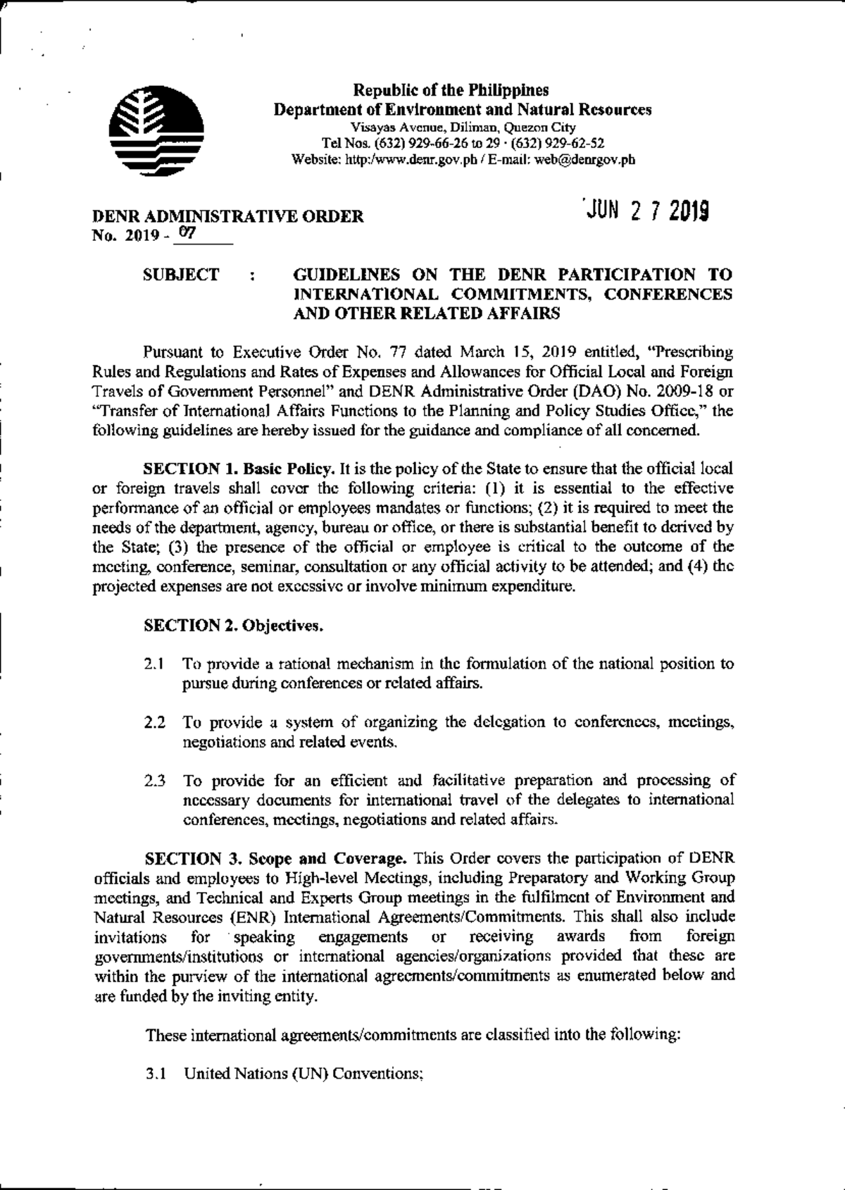 Guidelines ON THE DENR Participation TO International Commitments ...