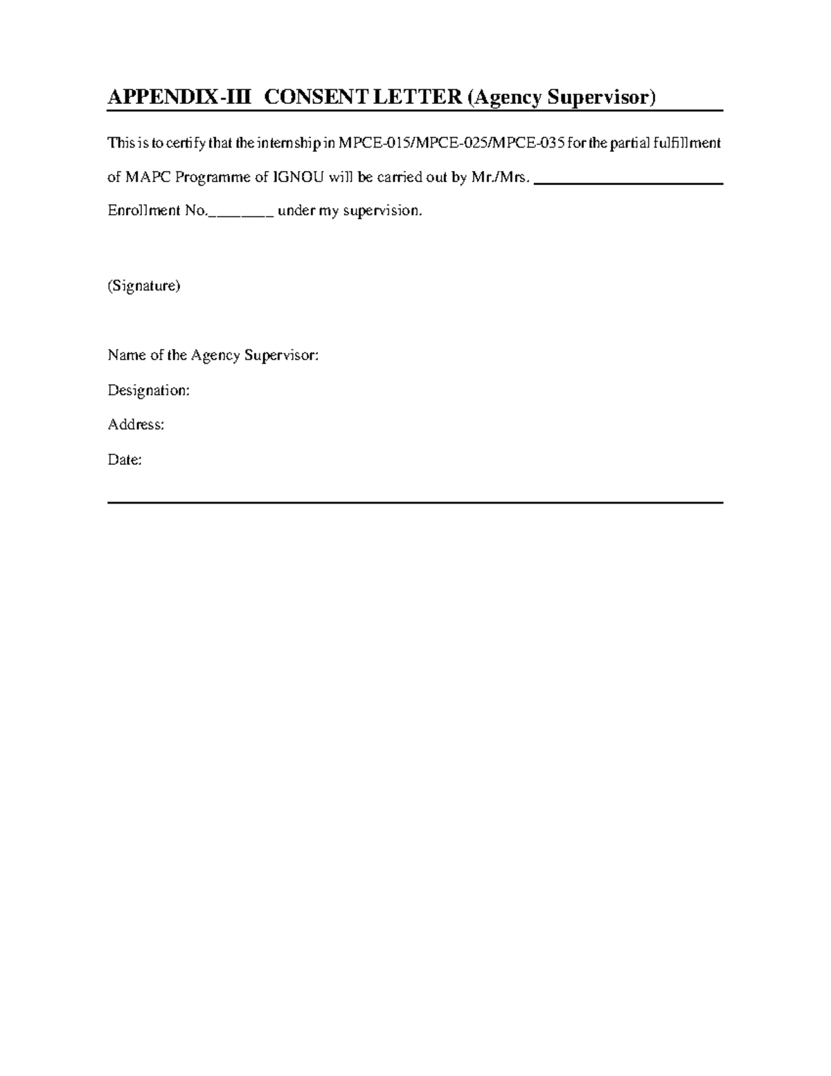 Appendices to be filled by the students and send to amitabh psychology ...