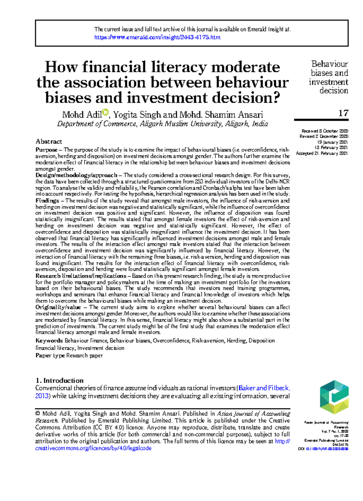 How financial literacy moderate the association between behaviour ...