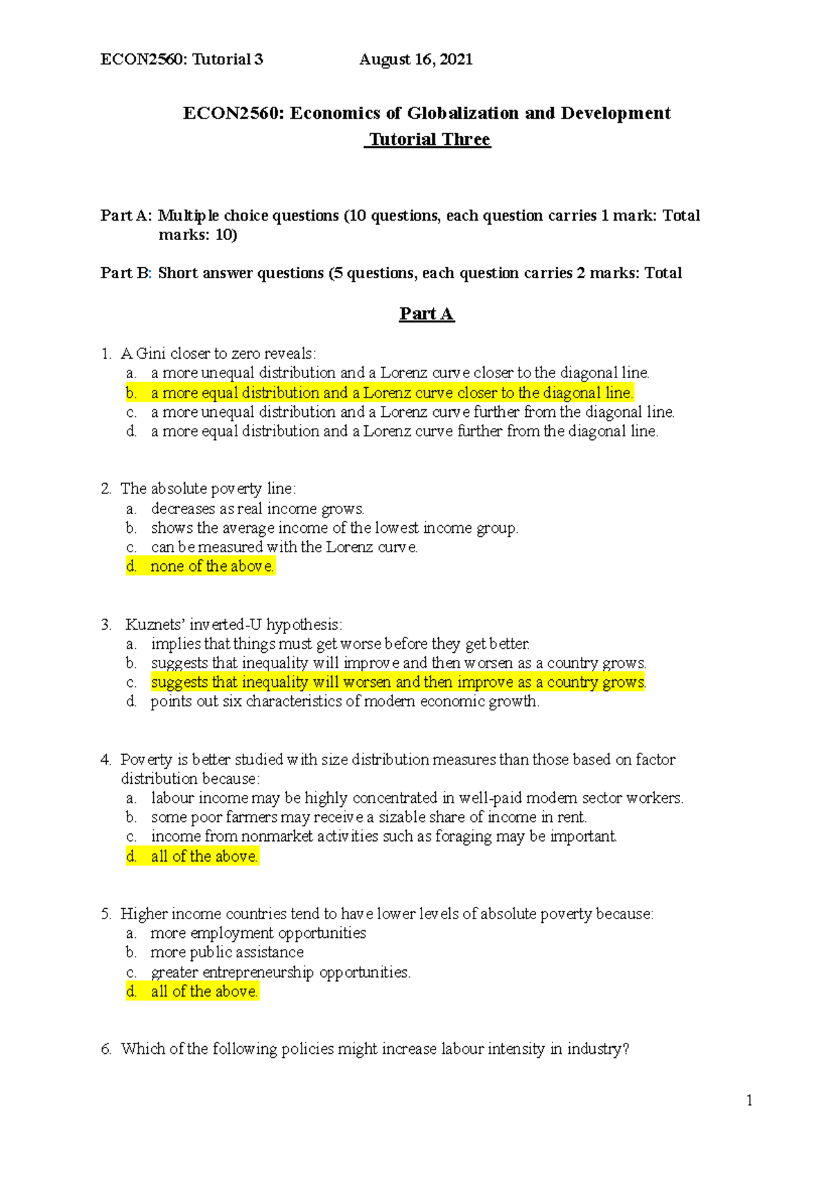 ECON2560 - Tutorial Three - ECON2560: Economics of Globalization and ...