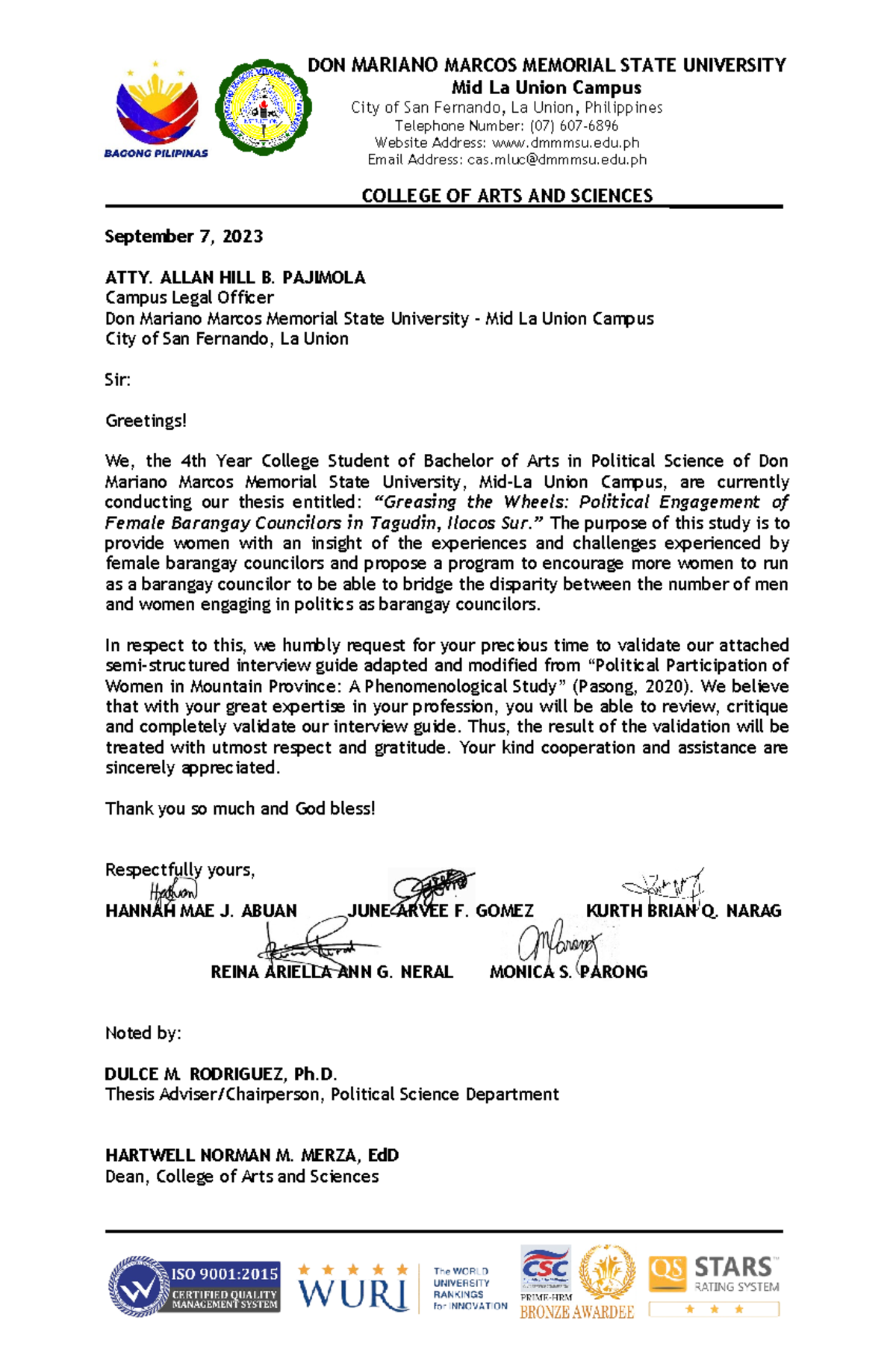 Final Letter - DON MARIANO MARCOS MEMORIAL STATE UNIVERSITY Mid La ...
