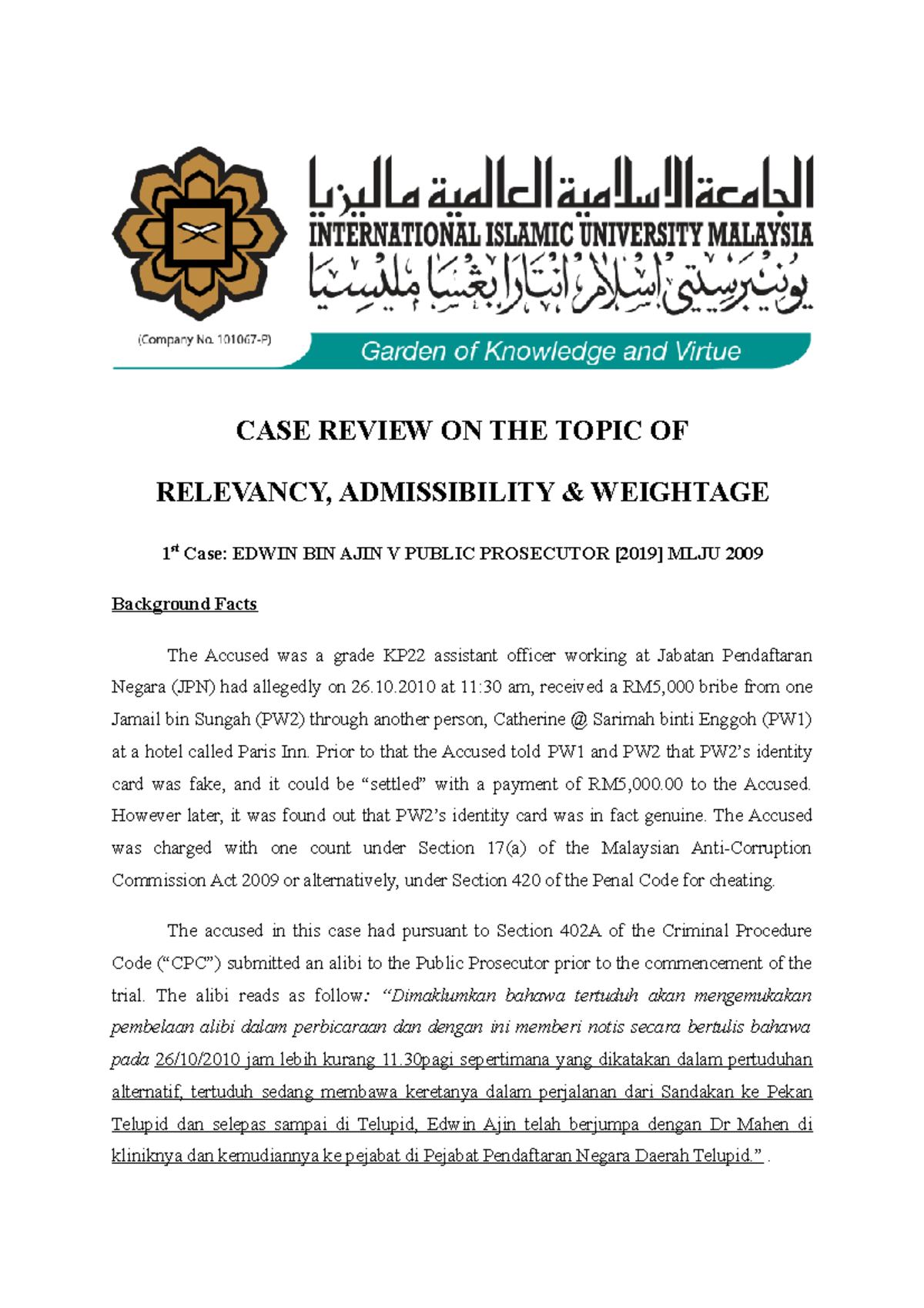 Case Review - CASE REVIEW ON THE TOPIC OF RELEVANCY, ADMISSIBILITY ...