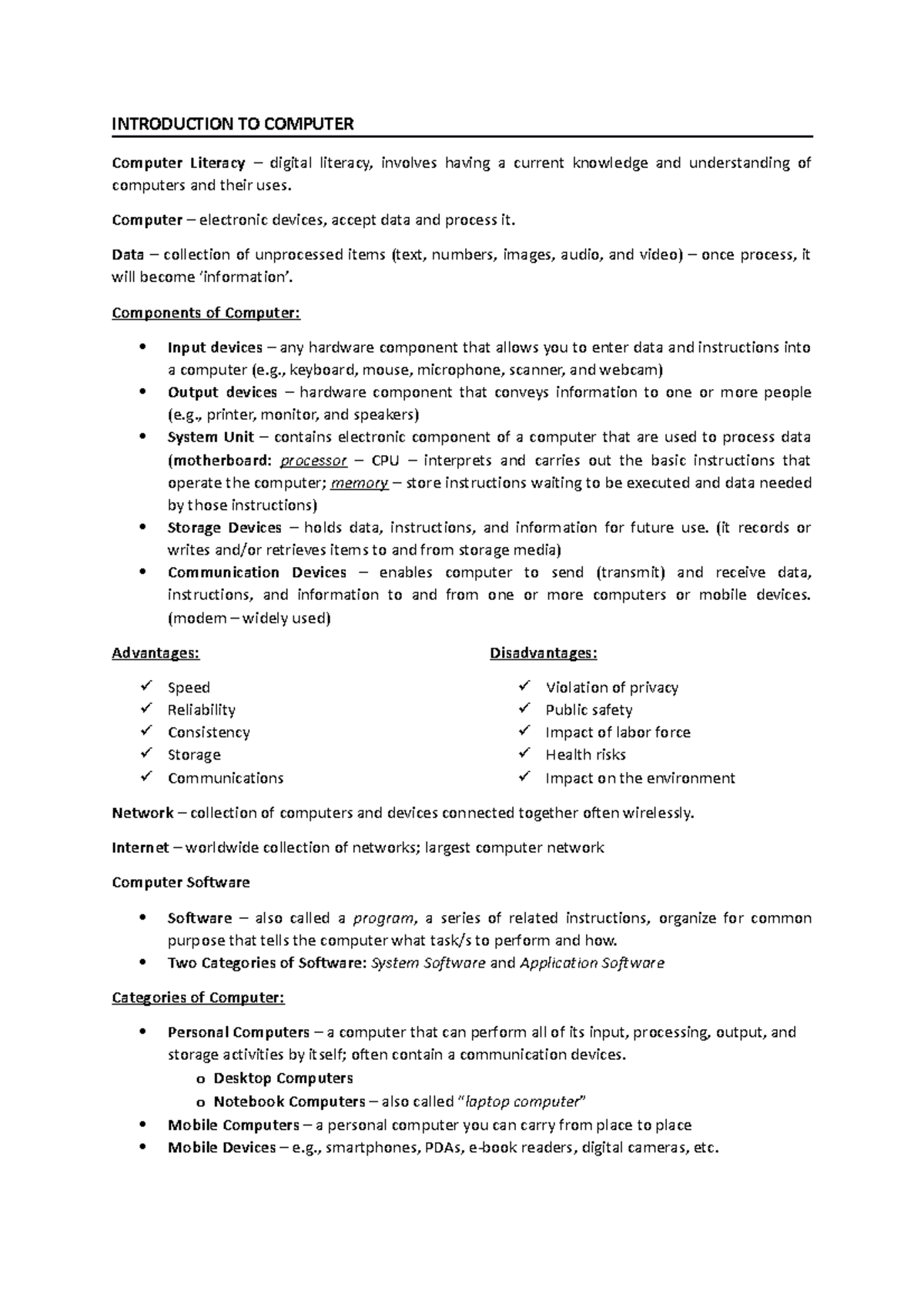 IT Tools Notes - INTRODUCTION TO COMPUTER Computer Literacy – digital ...