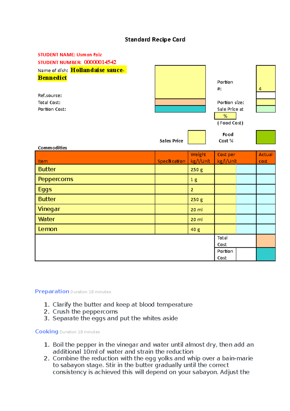 Standard Recipe Card 007 - Standard Recipe Card STUDENT NAME: Usman ...
