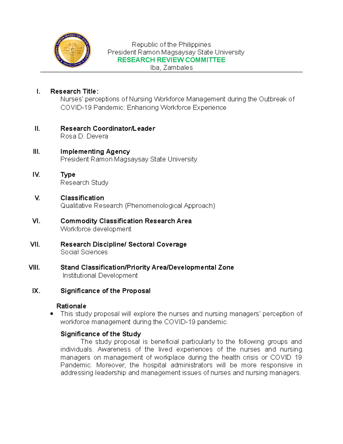 Proposal - Republic of the Philippines President Ramon Magsaysay State ...
