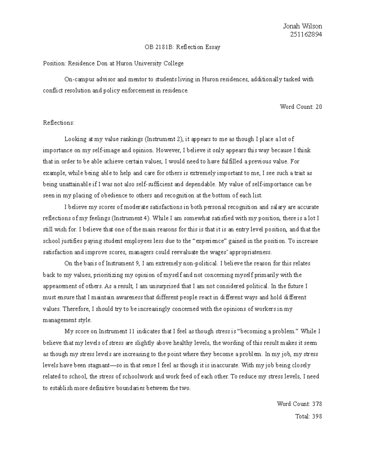 OB 2181B Reflection Essay - Jonah Wilson 251162894 OB 2181B: Reflection ...