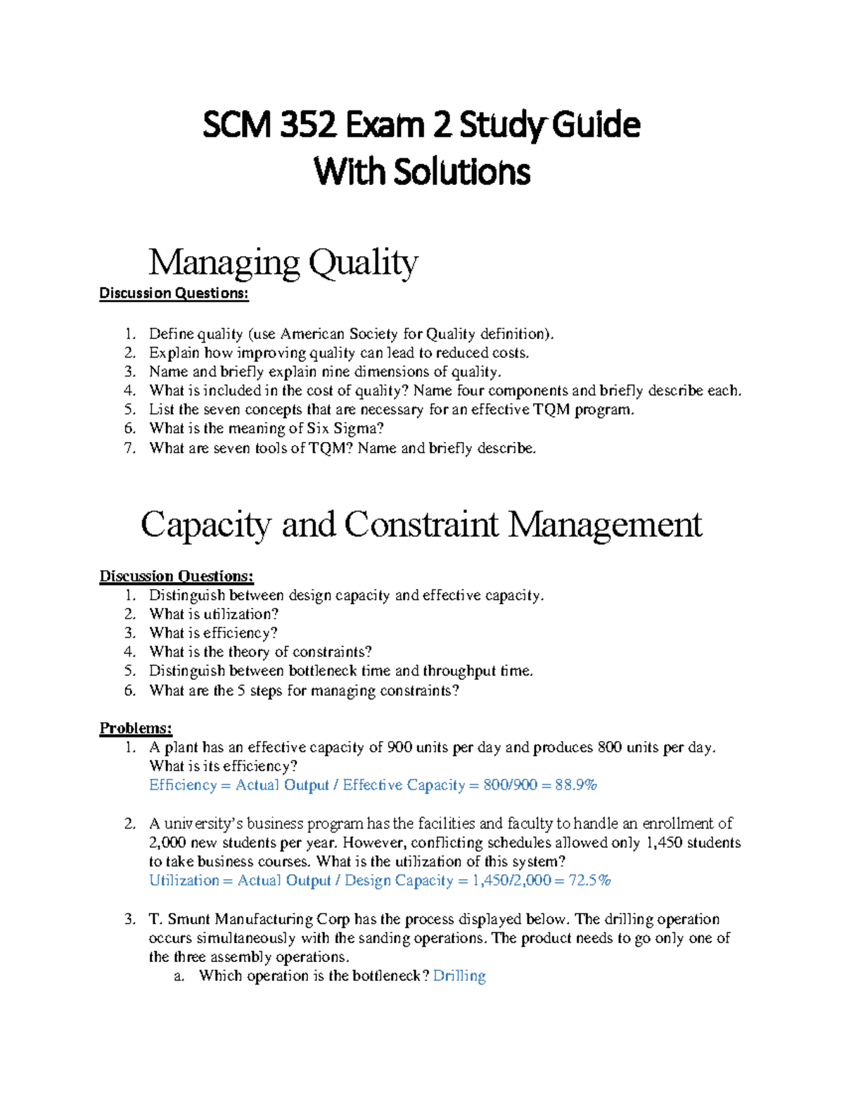 SCM 352 Exam 2 Study Guide - SCM 352 Exam 2 Study Guide With Solutions Managing Quality ...