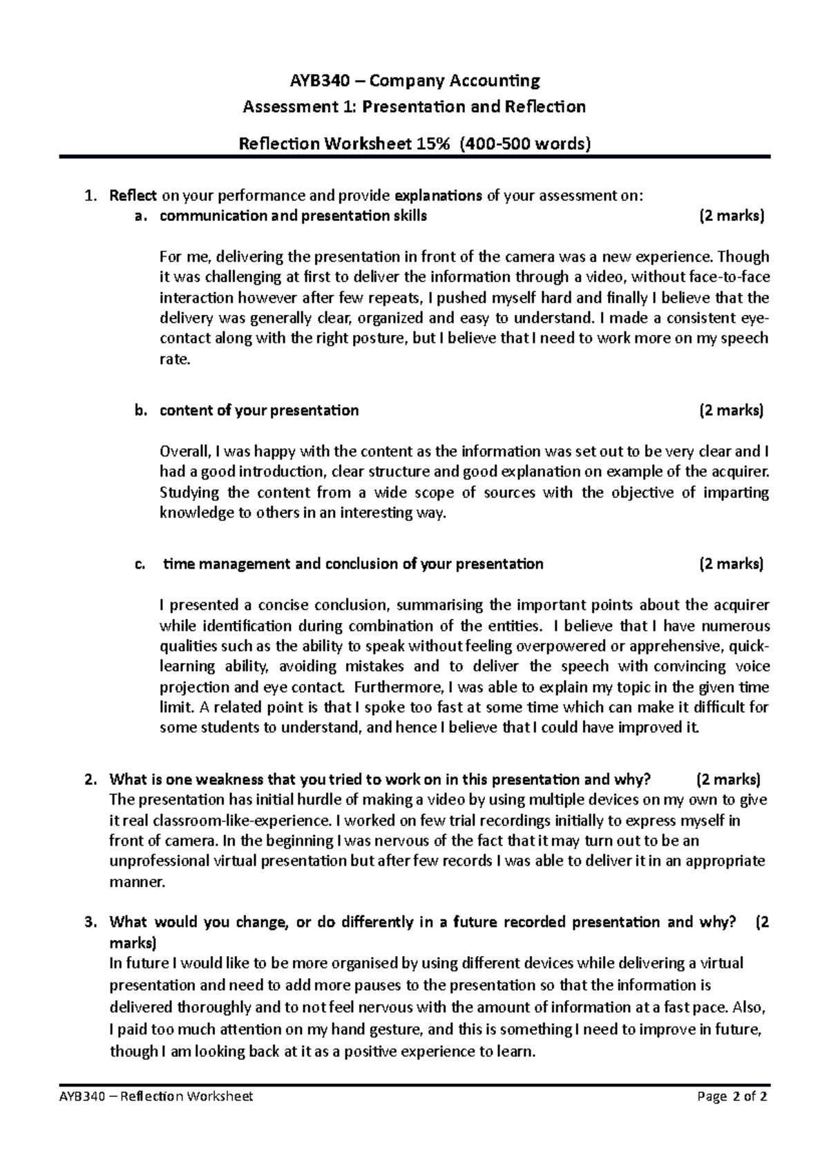 AYB340 Reflection Worksheet( Kusum) - AYB340 – Company Accounting ...