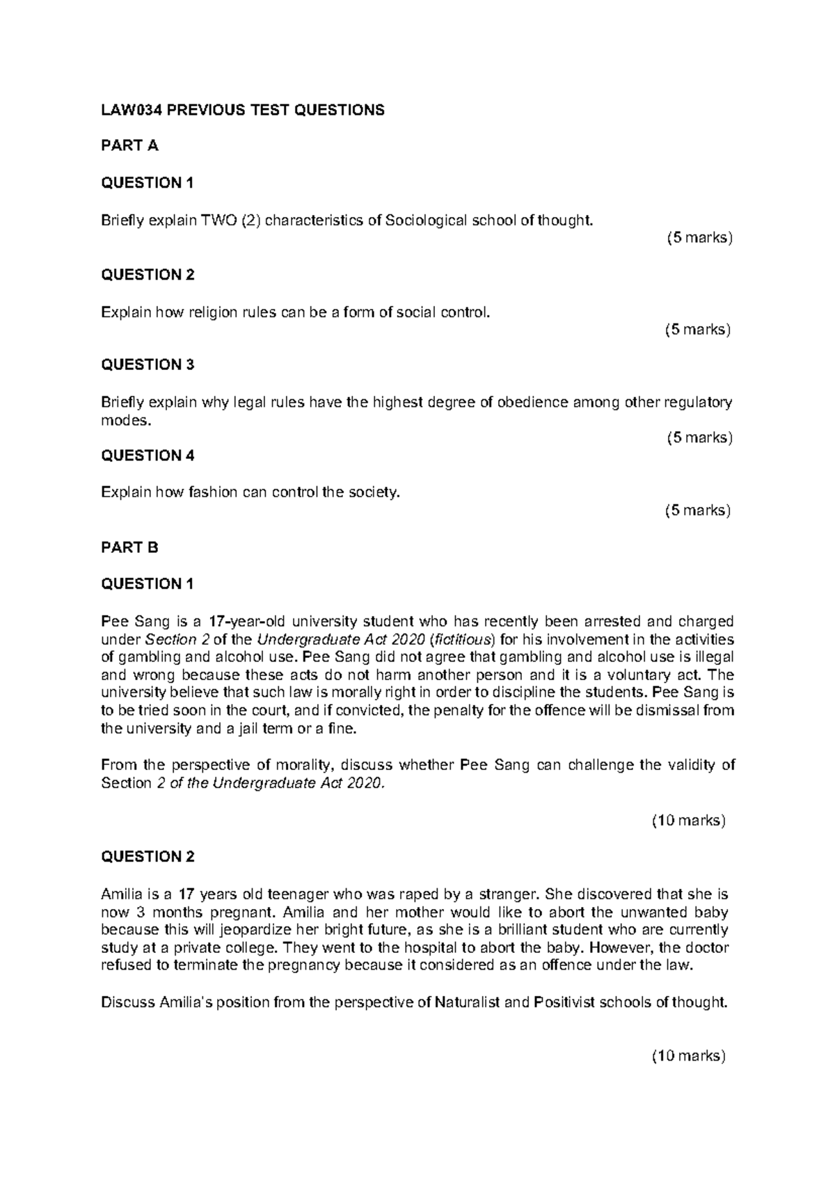 LAW034 Previous TEST Questions - LAW034 PREVIOUS TEST QUESTIONS PART A ...