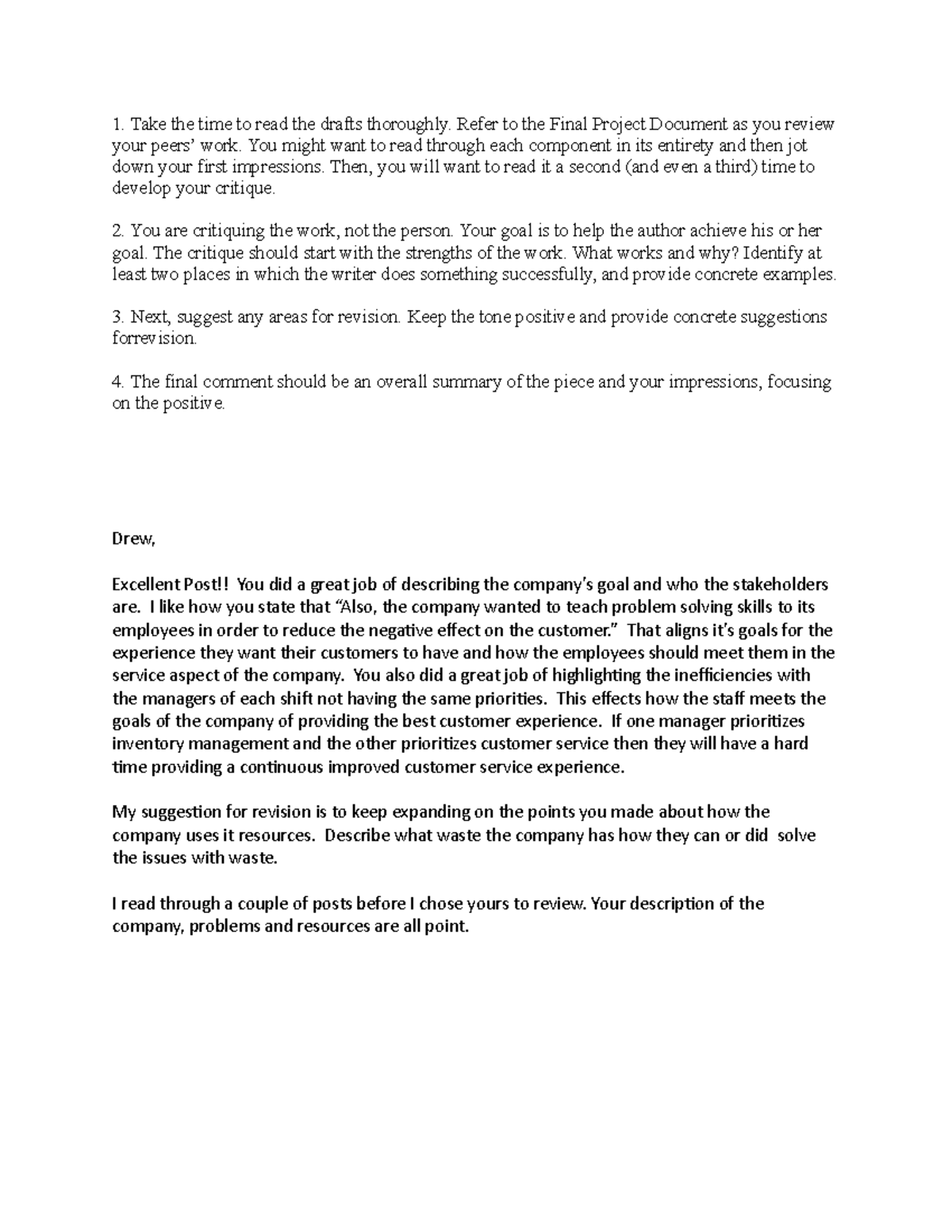 Week 2 Discussion Reply - Take the time to read the drafts thoroughly ...