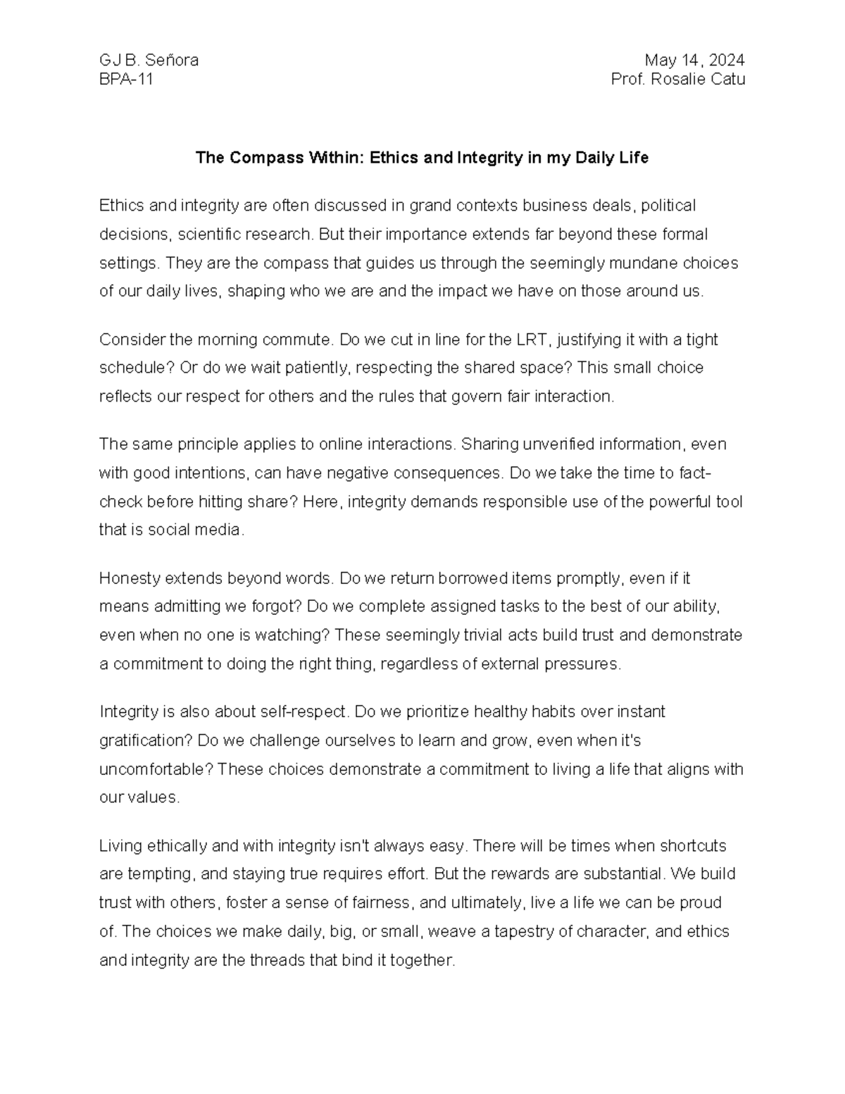 Ethics and Integrity - GJ B. Señora May 14, 2024 BPA-11 Prof. Rosalie ...