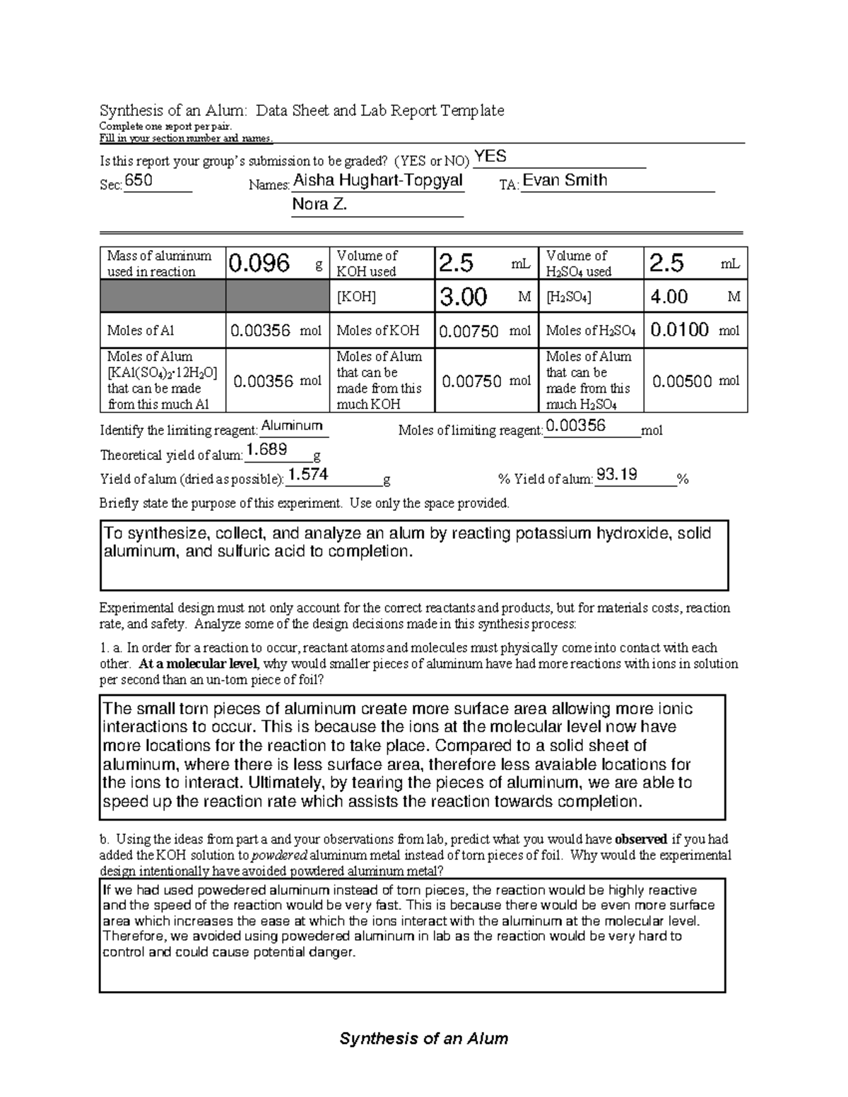 Re- Alum Report - Synthesis of an Alum Synthesis of an Alum: Data Sheet ...