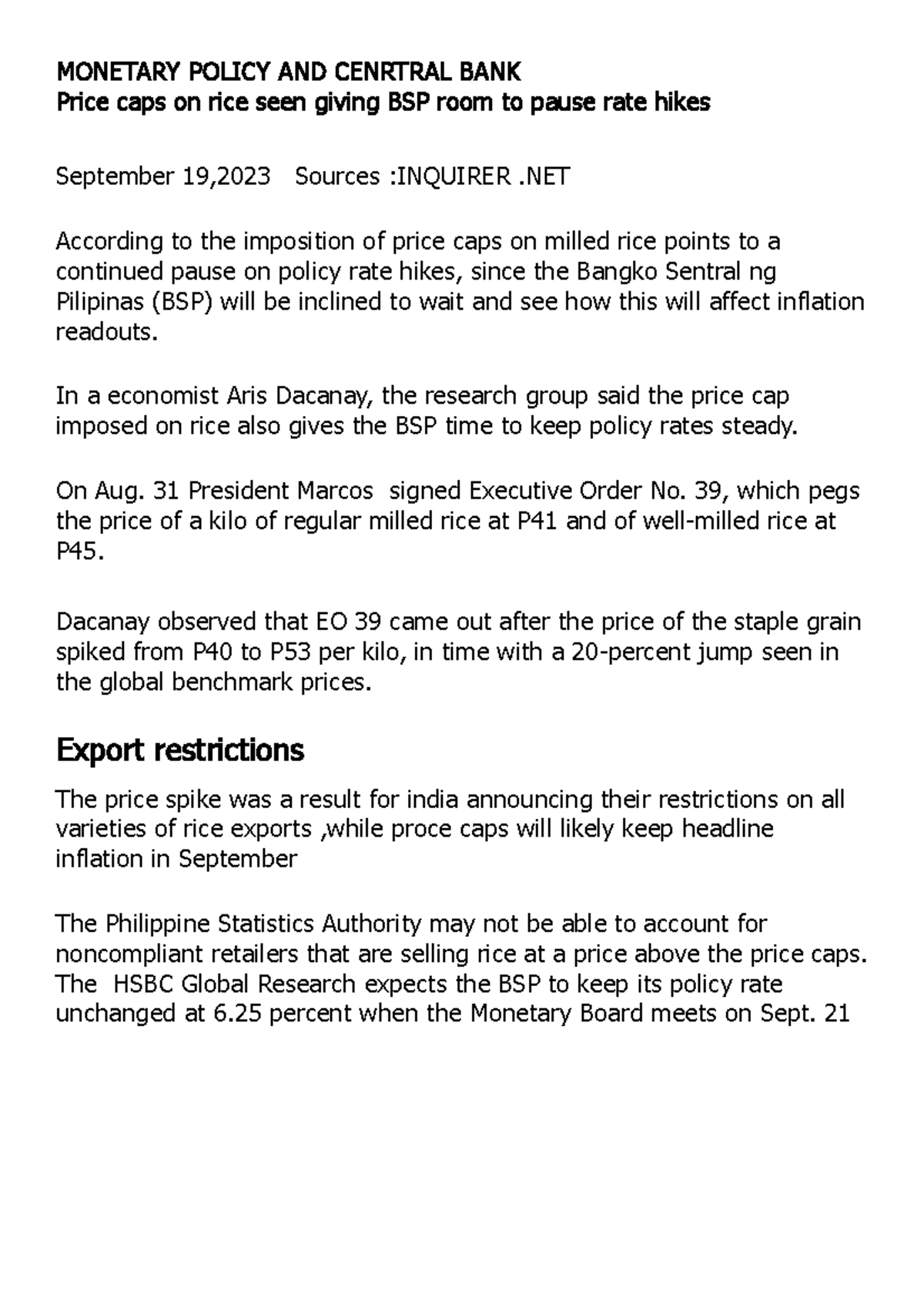 NEWS Philippines - BANKING FINNACIAL MANAGEMENT - MONETARY POLICY AND ...