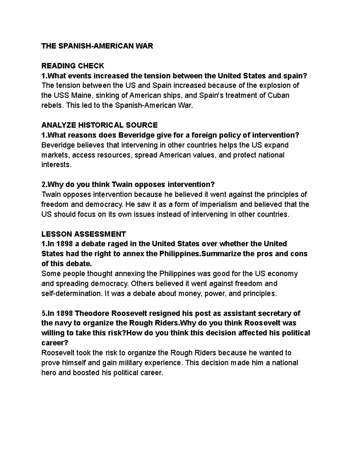 History A WEEK 7 - fgfgv - THE SPANISH-AMERICAN WAR READING CHECK 1 ...