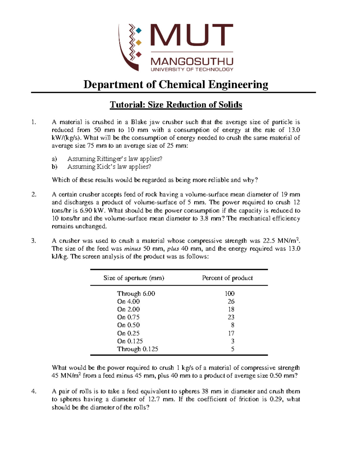 CHPL332 Size Reduction of Solids - Tutorial - Department of Chemical ...