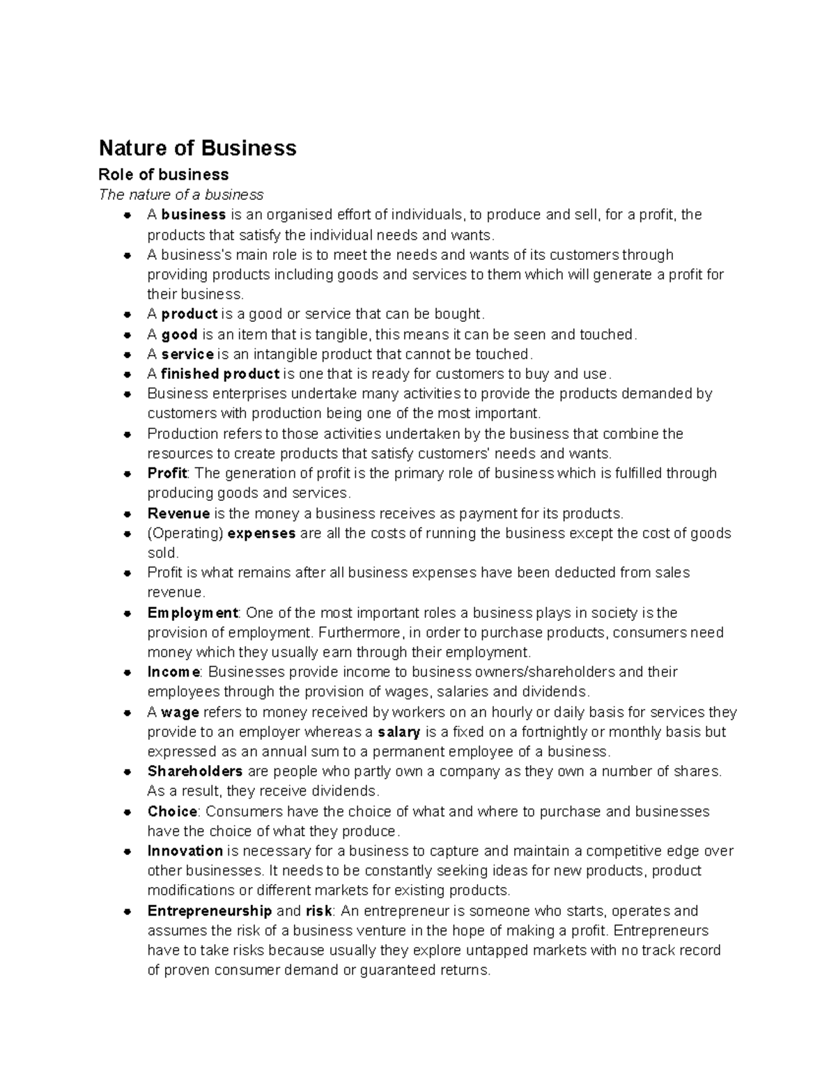 Prelims Business Studies - Nature of Business Role of business The ...