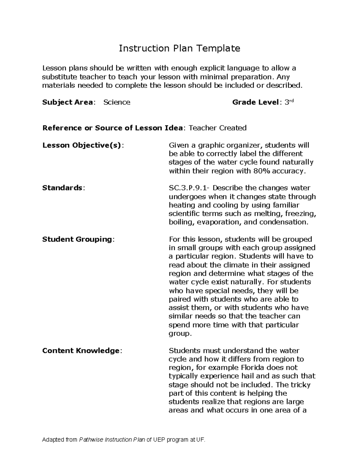 Thematic Lesson Science Lesson Plan - Instruction Plan Template Lesson ...