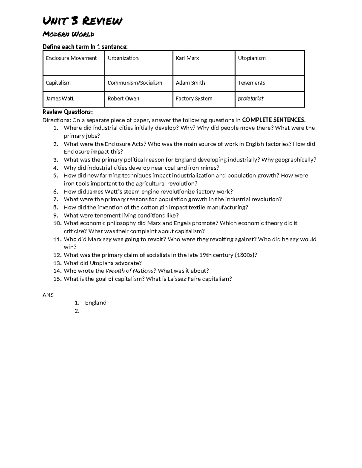 Copy of *NEW Unit 3 - Review - Unit 3 Review Modern World Define each ...