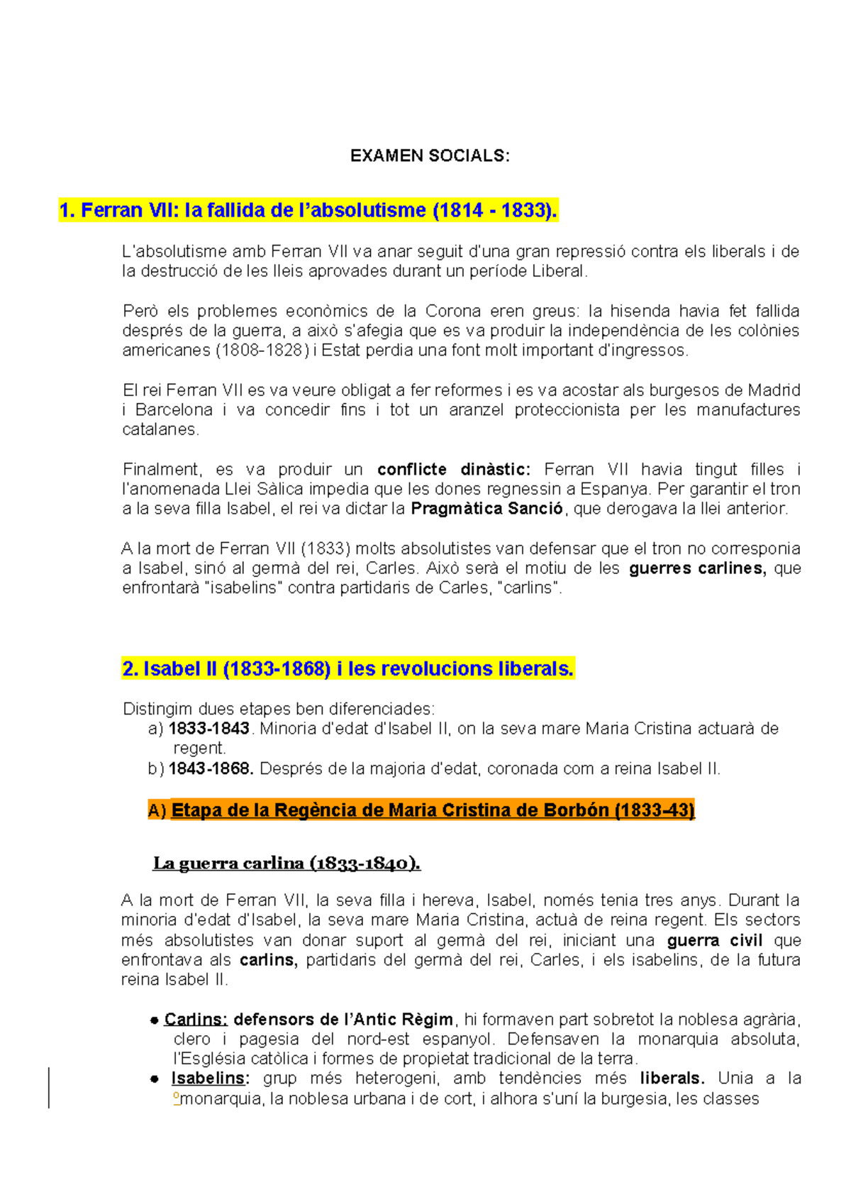 Espanya (1a part) - Summary Inorganic Chemistry - EXAMEN SOCIALS: 1. Ferran VII: la fallida de ...