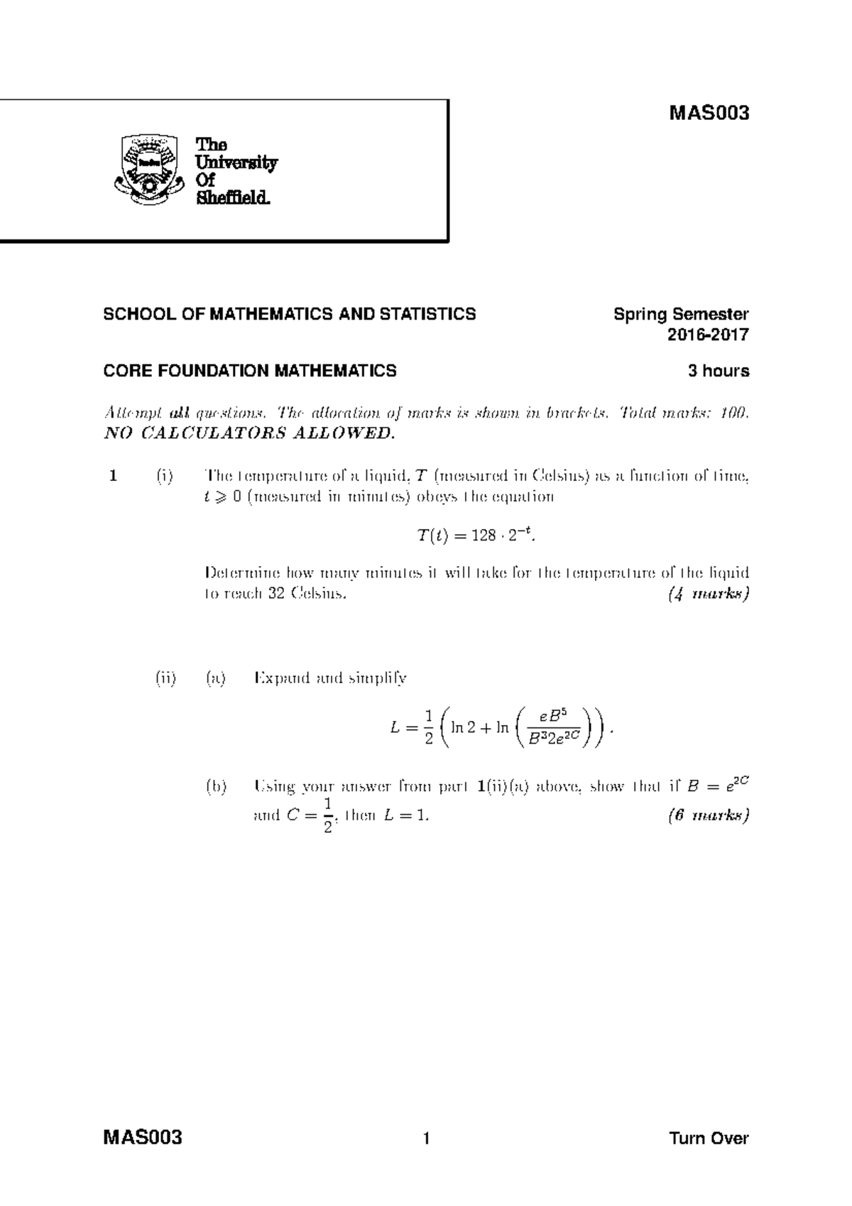 Foundation Year Core Mathematics Spring Semester - SCHOOL OF ...