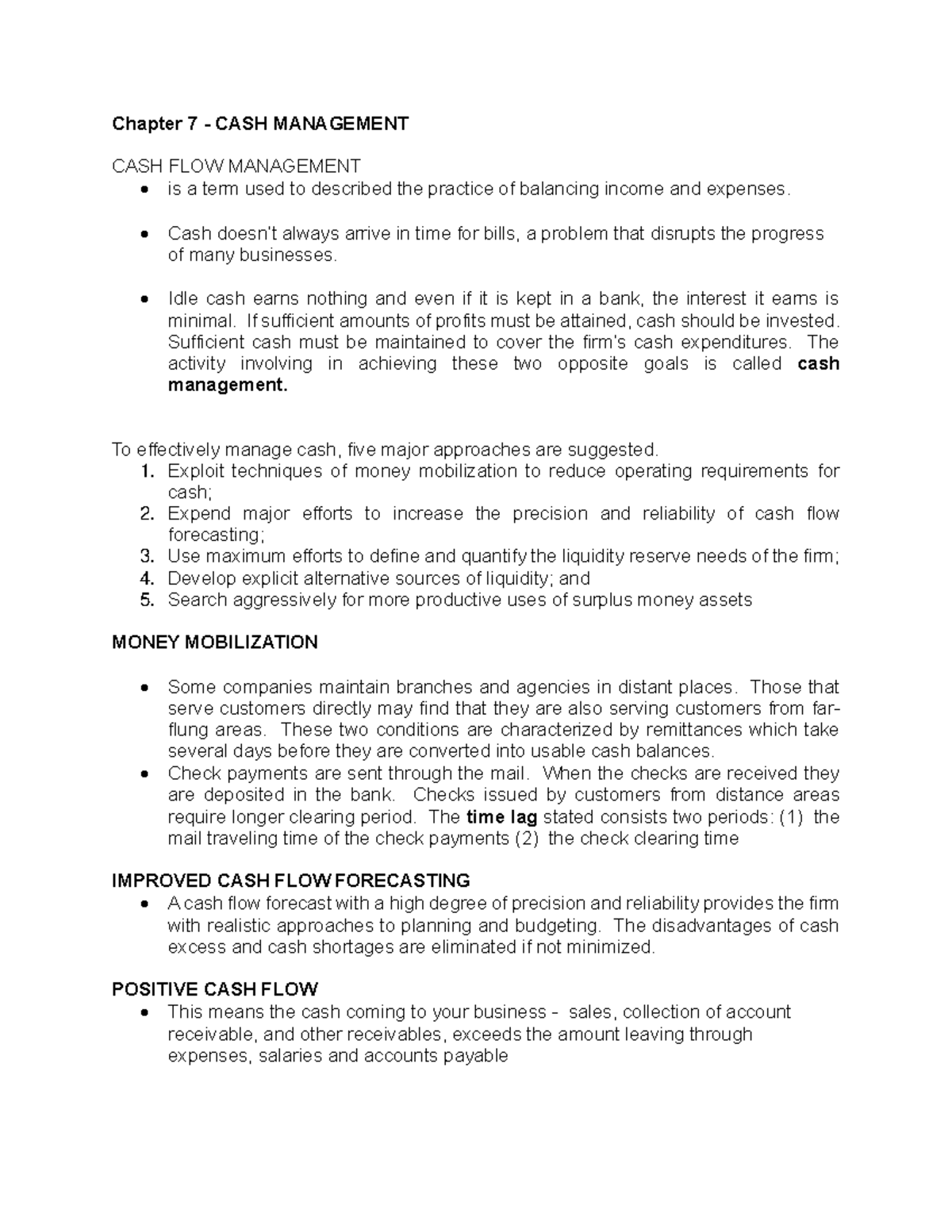 Cash Management - Lecture notes 1 - Chapter 7 - CASH MANAGEMENT CASH ...