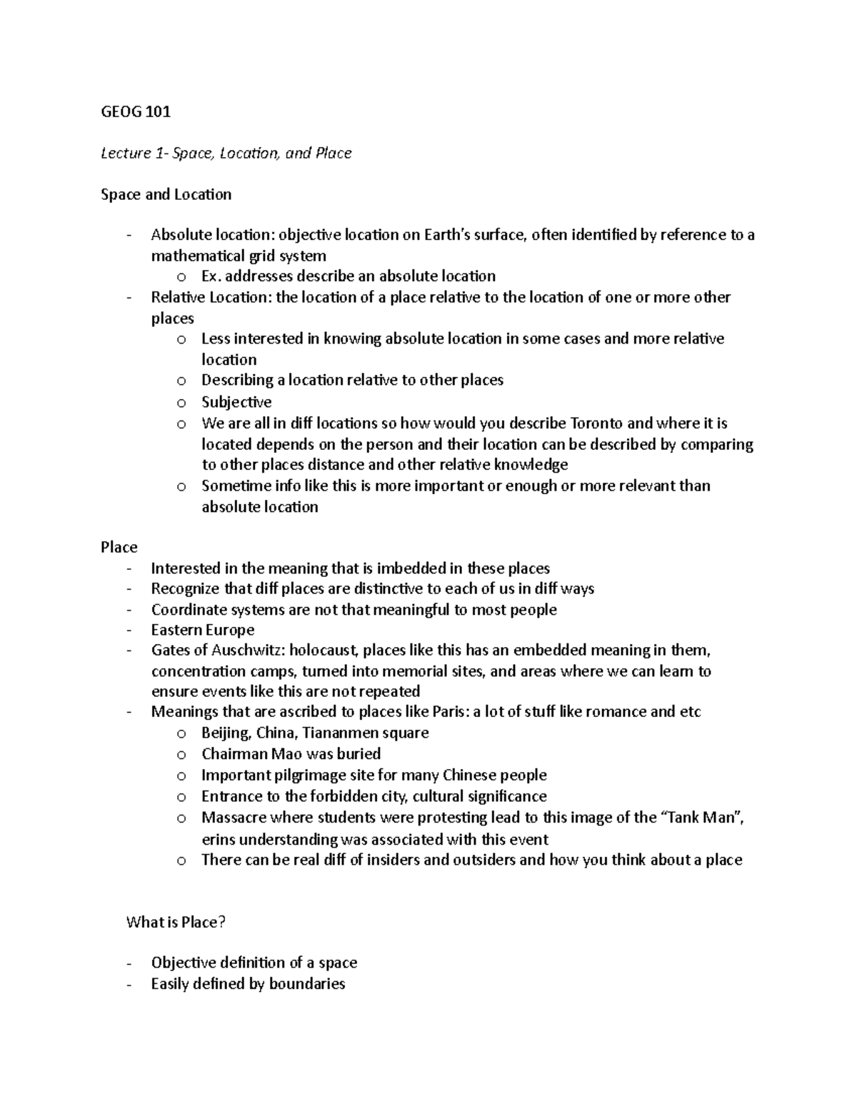GEOG 101-lec 1 - Lecture notes for Space, Location, and Space lectures ...
