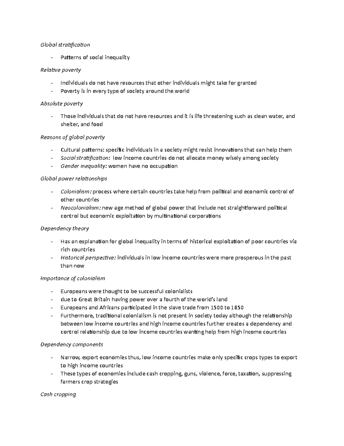 Sociology notes 3 - Global stratification - Patterns of social ...