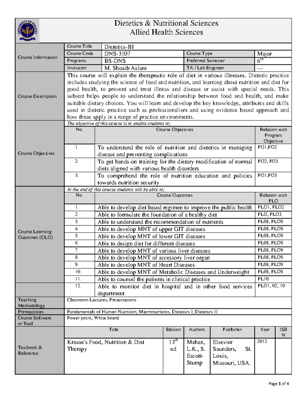 6th Semester Course Contents - Page 1 of 4 Dietetics & Nutritional ...