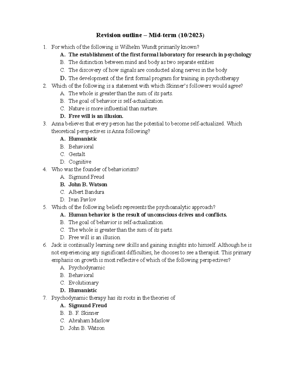 Revision mid-term with answers - Revision outline – Mid-term (10/2023 ...