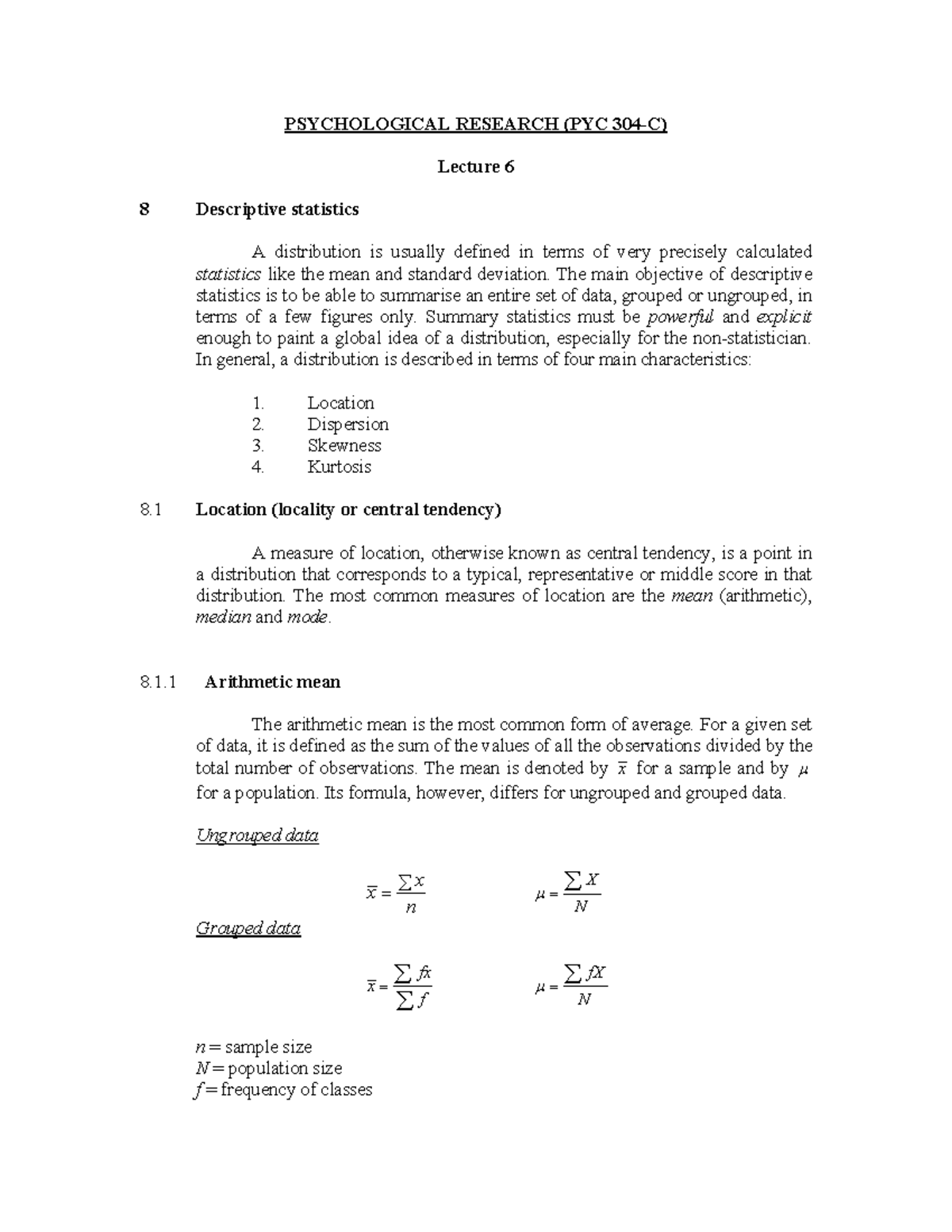 6 Descriptive Statistics - PSYCHOLOGICAL RESEARCH (PYC 304-C) Lecture 6 ...