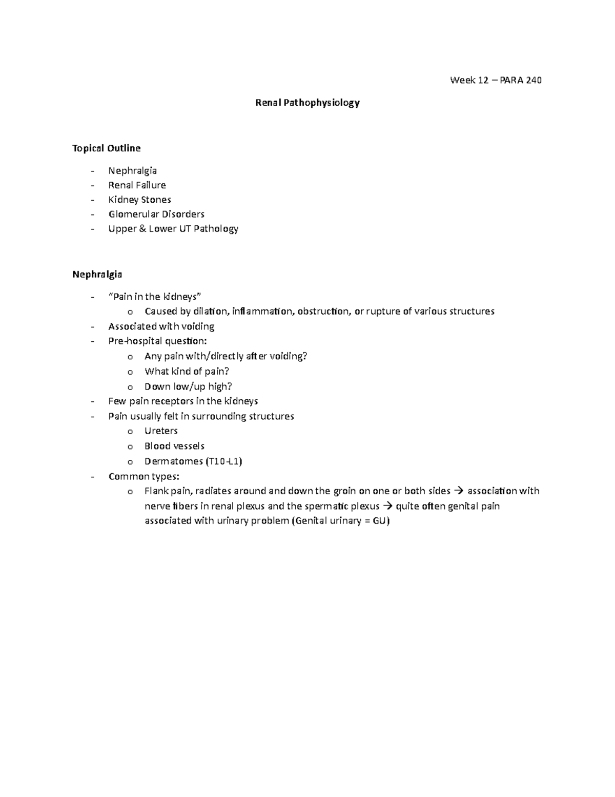 Week 12 - Renal - Week 12 – PARA 240 Renal Pathophysiology Topical ...