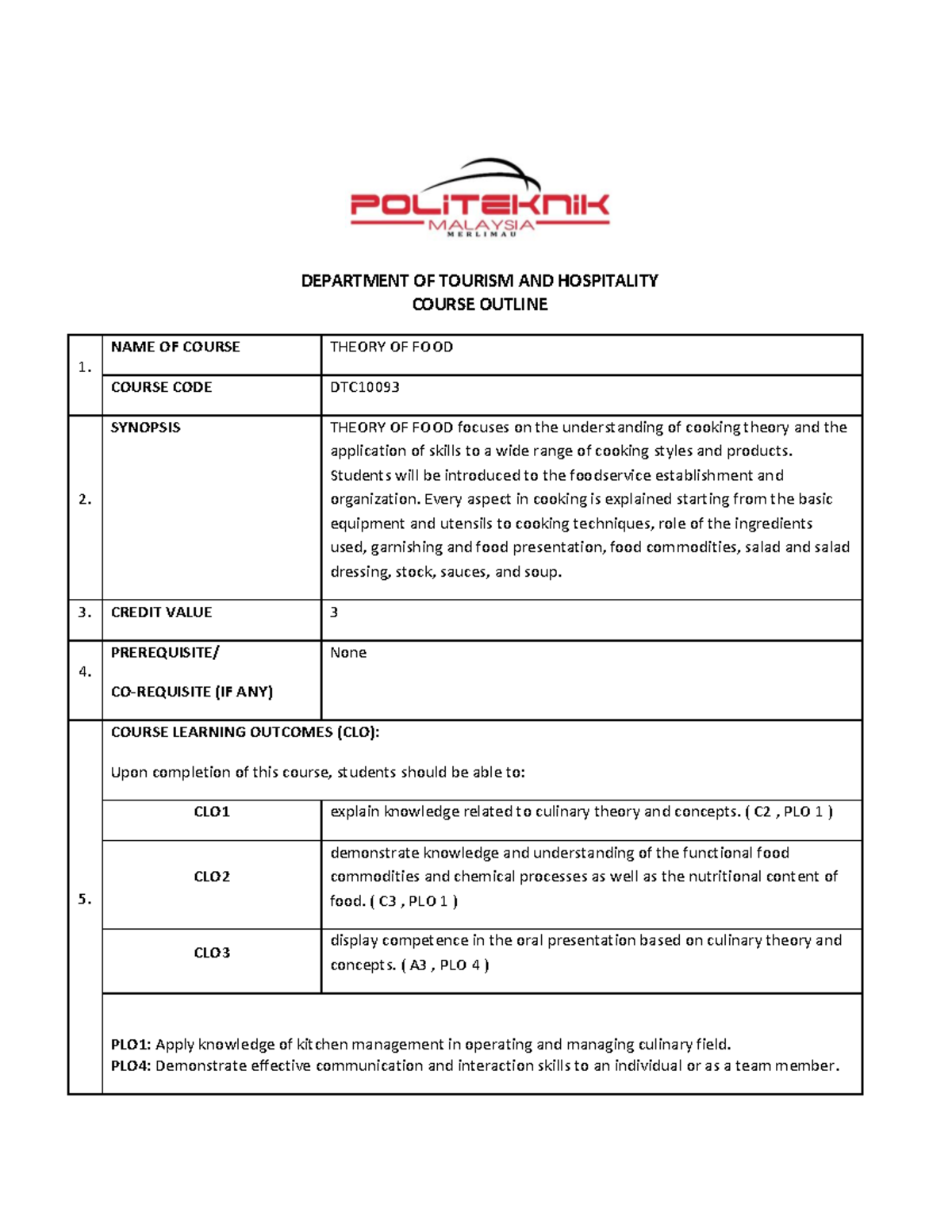 Course Outline Theory OF FOOD - DEPARTMENT OF TOURISM AND HOSPITALITY ...