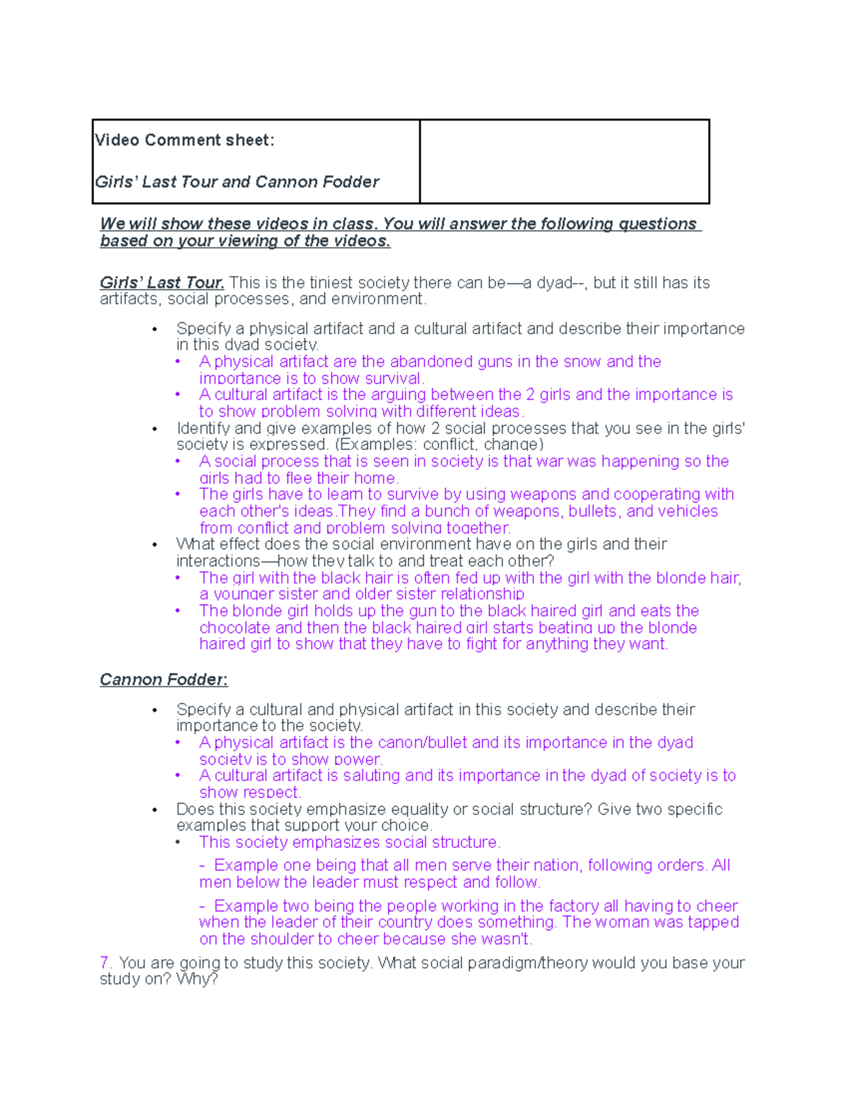 Video comment sheet - hope this helps - Video Comment sheet: Girls ...