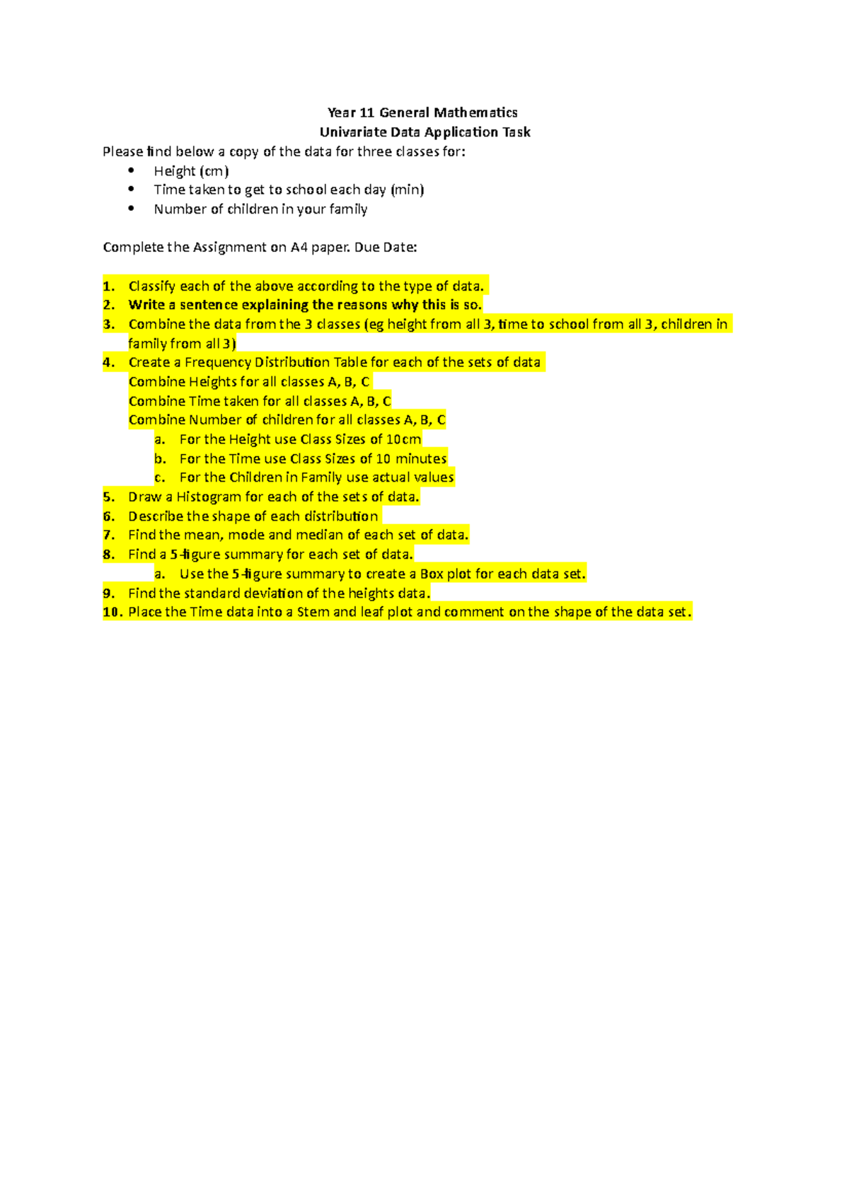 Univariate Data Application Task - Year 11 General Mathematics ...