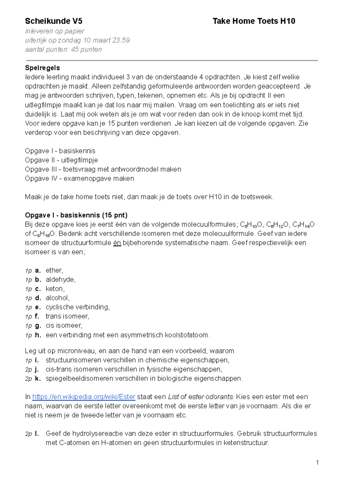 Take Home Toets H10 - Scheikunde V5 Take Home Toets H inleveren op papier uiterlijk op zondag 10 ...