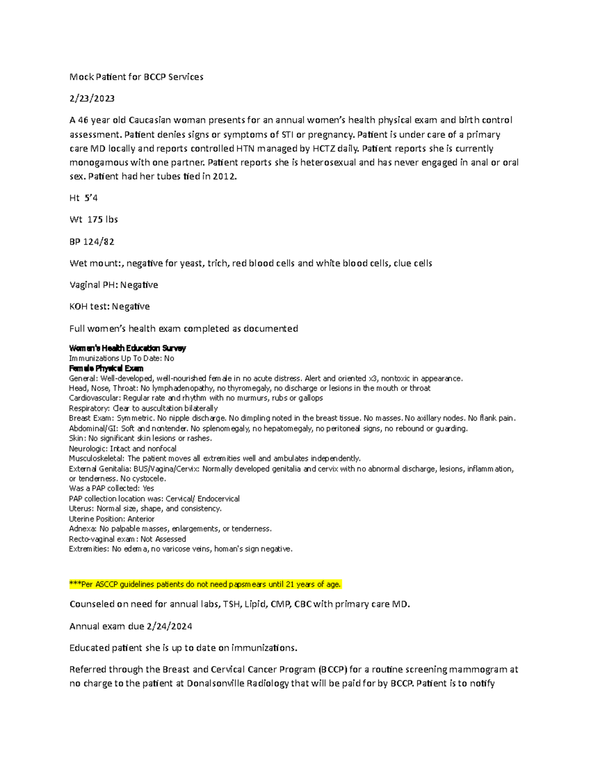Fake Patient for Tabitha - Mock Patient for BCCP Services 2/23/ A 46 ...