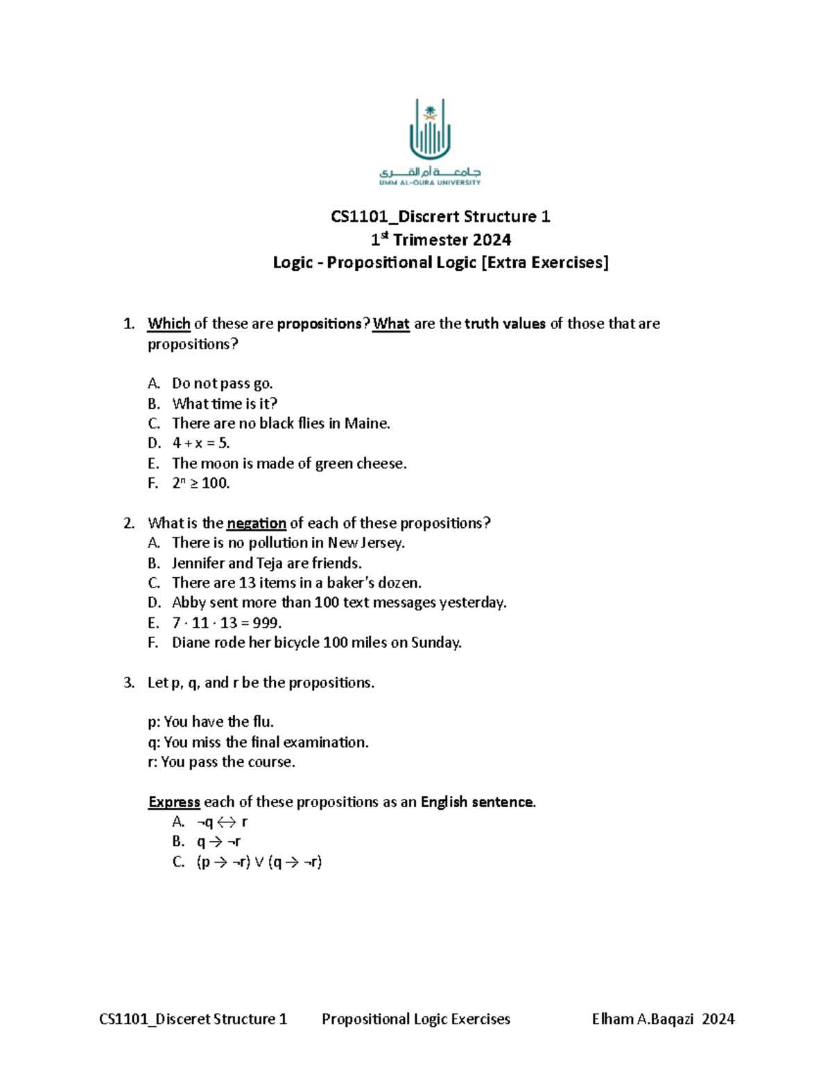 Cs1101 Exercises Propositional Logic Cs1101disceret Structure 1 Proposi2onal Logic Exercises