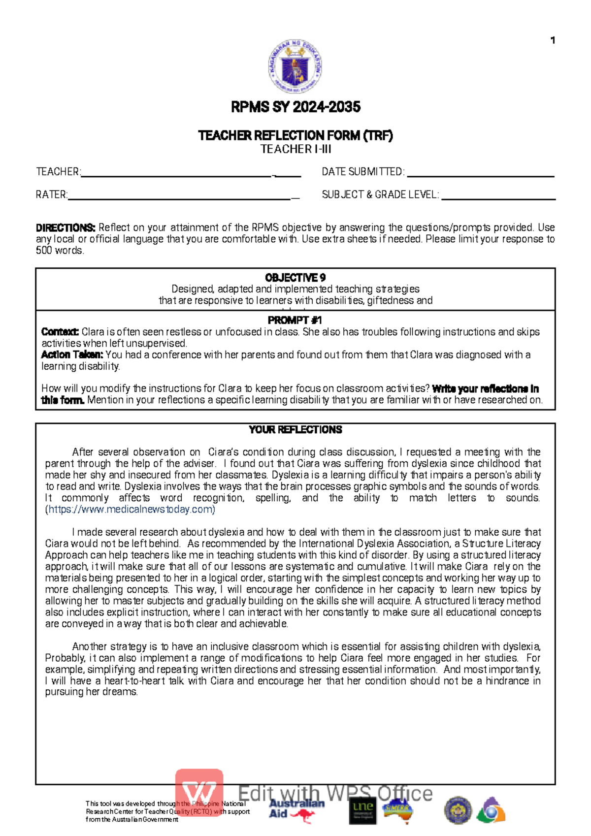PDF Teacher-Reflection-Form-for-T-I-III-for-RPMS-SY-2024 - This tool ...