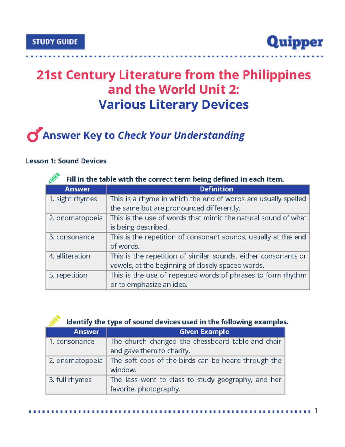 Answer Key Literature 11 Unit 2 Various Literary Devices - 21st Century ...