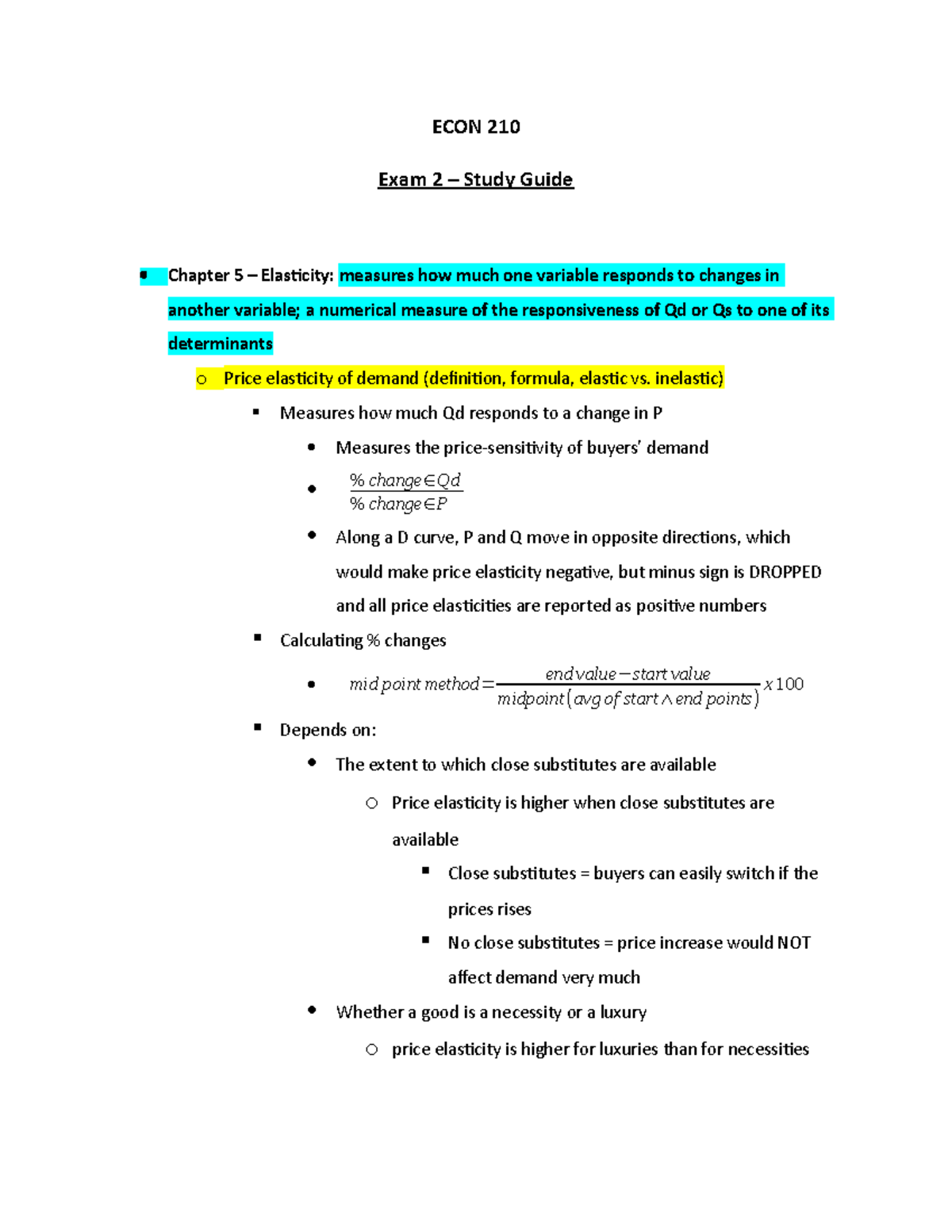 ECON 210 - Study guide Exam 2 - ECON 210 Exam 2 – Study Guide Chapter 5 ...