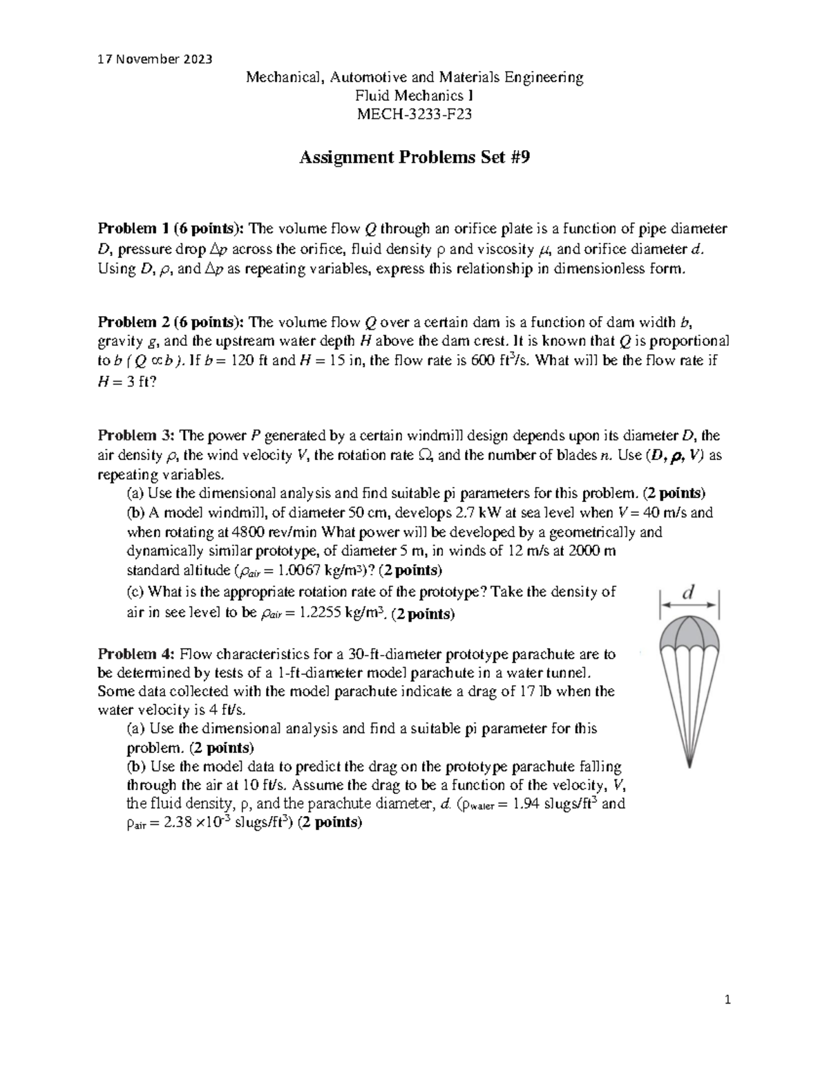 Assignment 9-MW-F23 - 17 November 2023 1 Mechanical, Automotive and Materials Engineering Fluid ...
