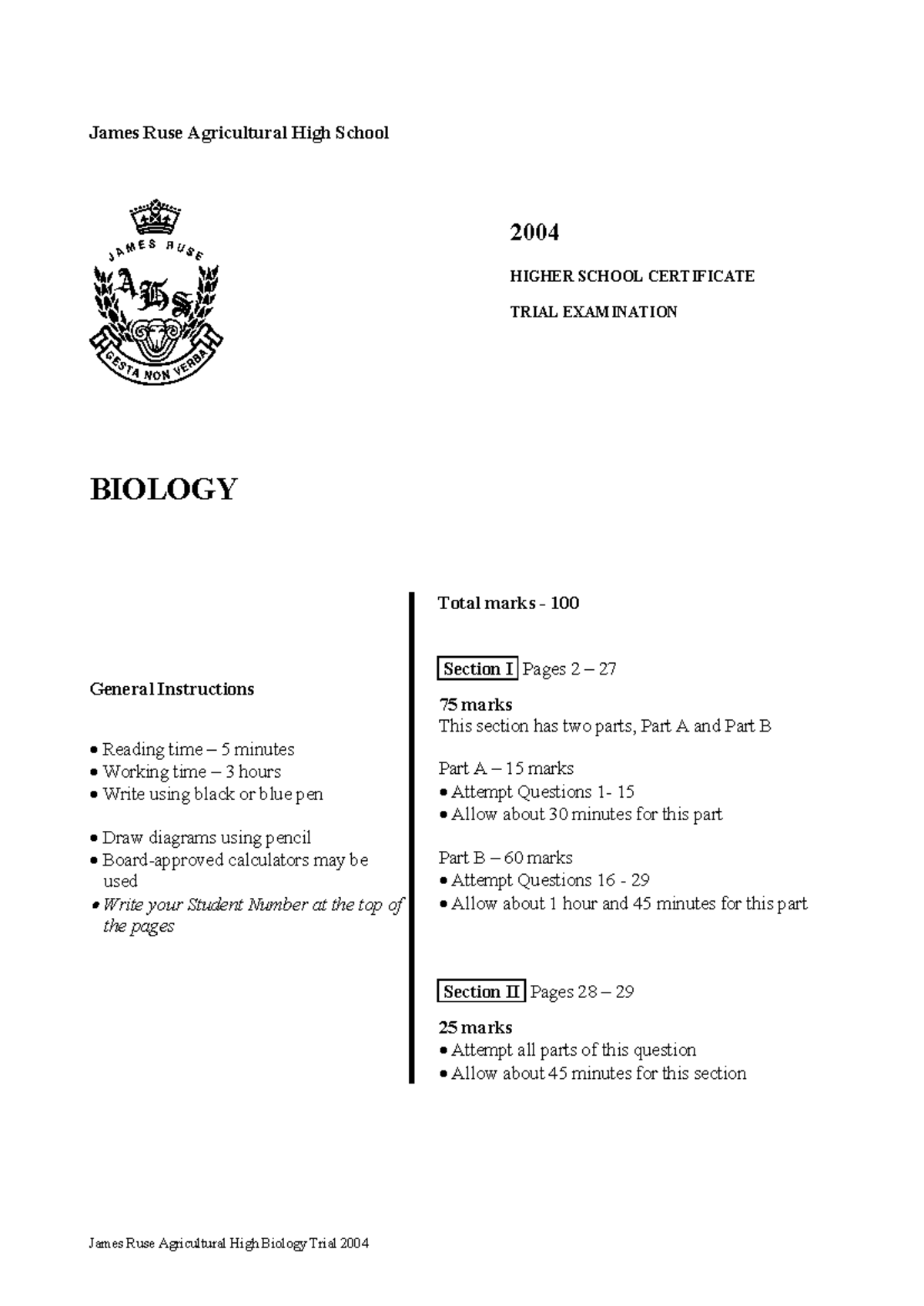 2004 Biology - James Ruse Trial with Solutions - James Ruse ...