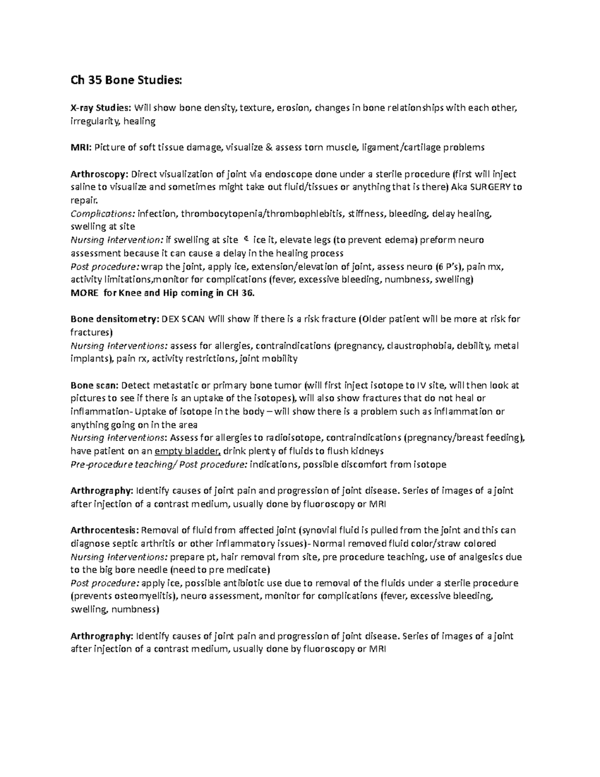 Bone Studies Summary - Different tests for bones and muscles - Ch 35 ...